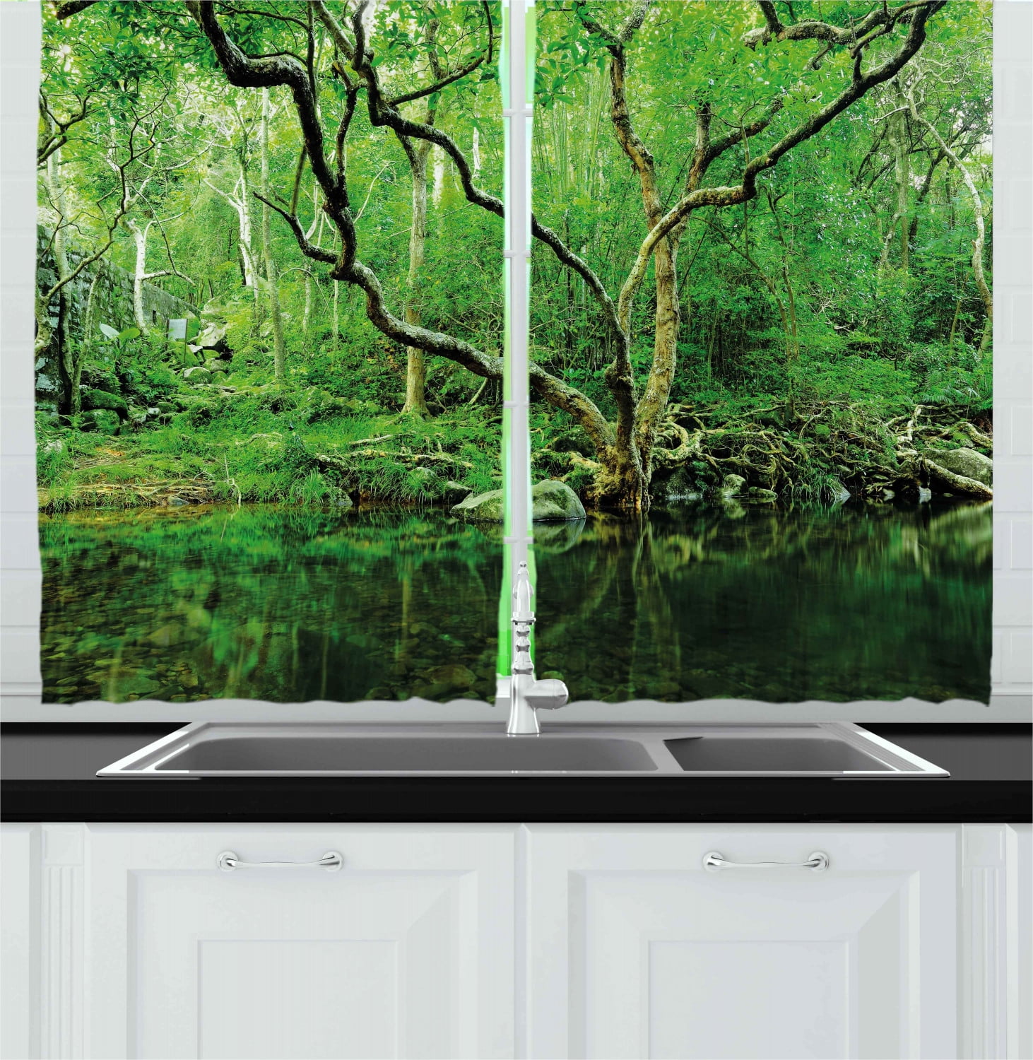 Ambesonne Green Kitchen Curtains, Nature Theme Jungle, 55"x39", Forest ...