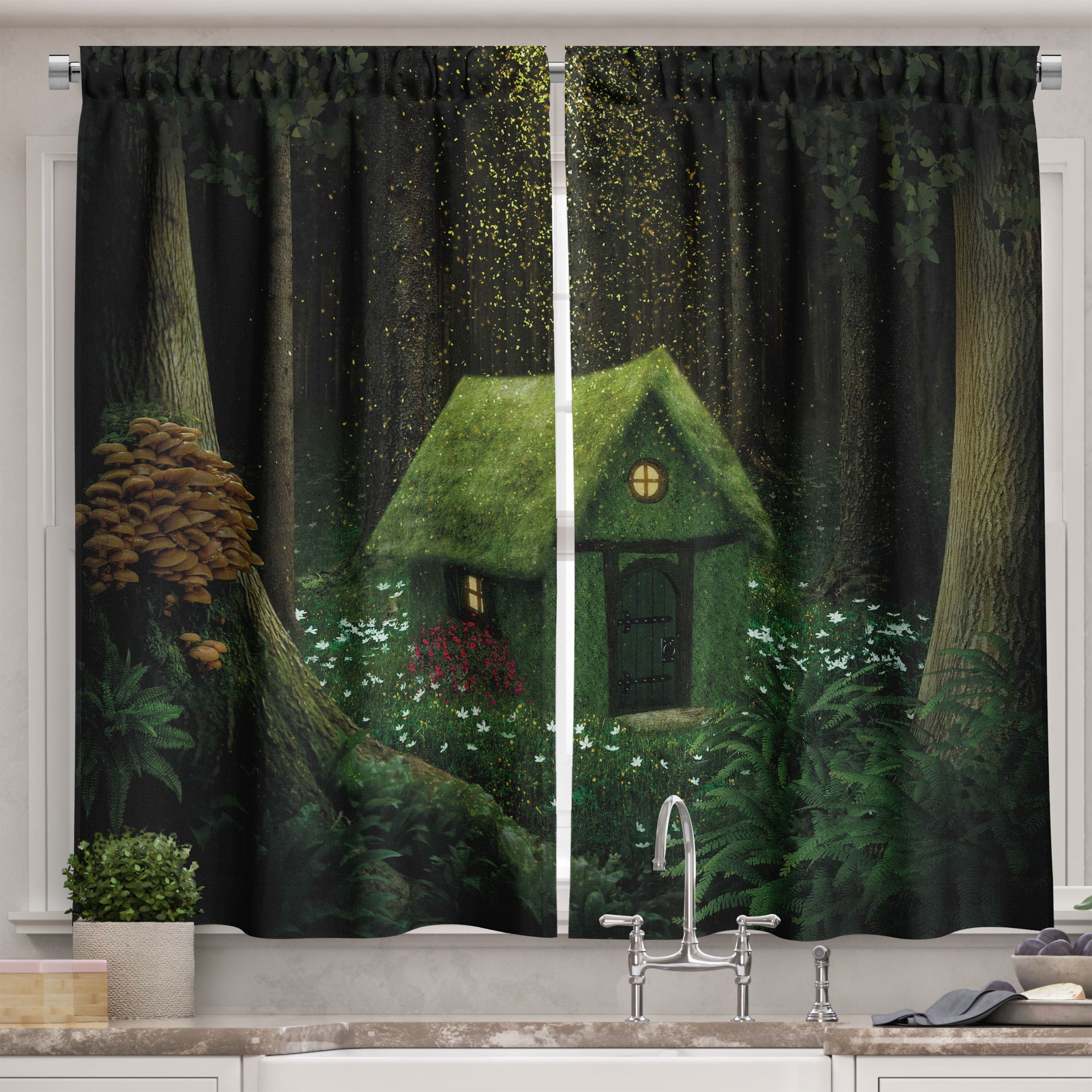 Ambesonne Green Kitchen Curtains, Surreal Forest House, 55"x45", Hunter ...