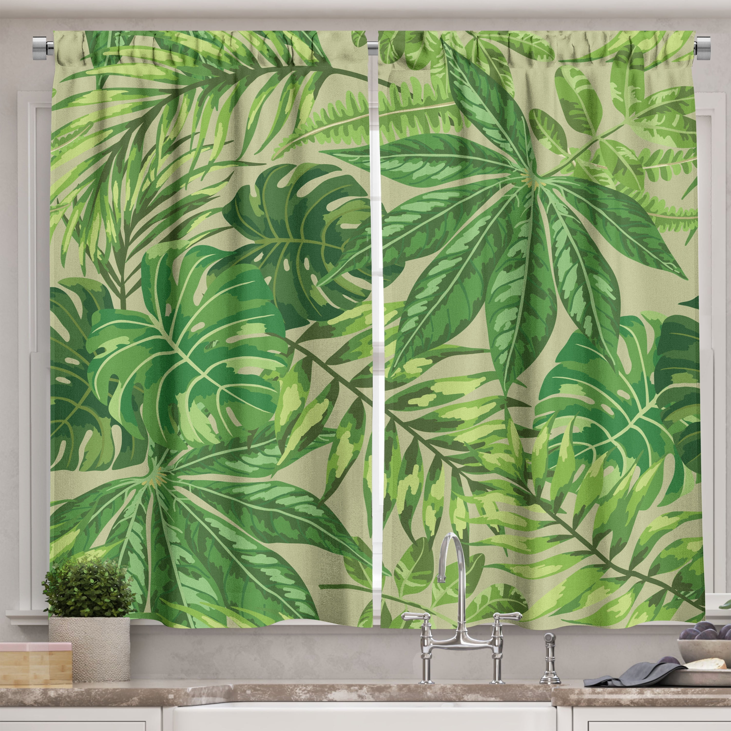 Ambesonne Green Leaf Kitchen Curtains, Fresh Jungle Aloha, 55"x45 ...