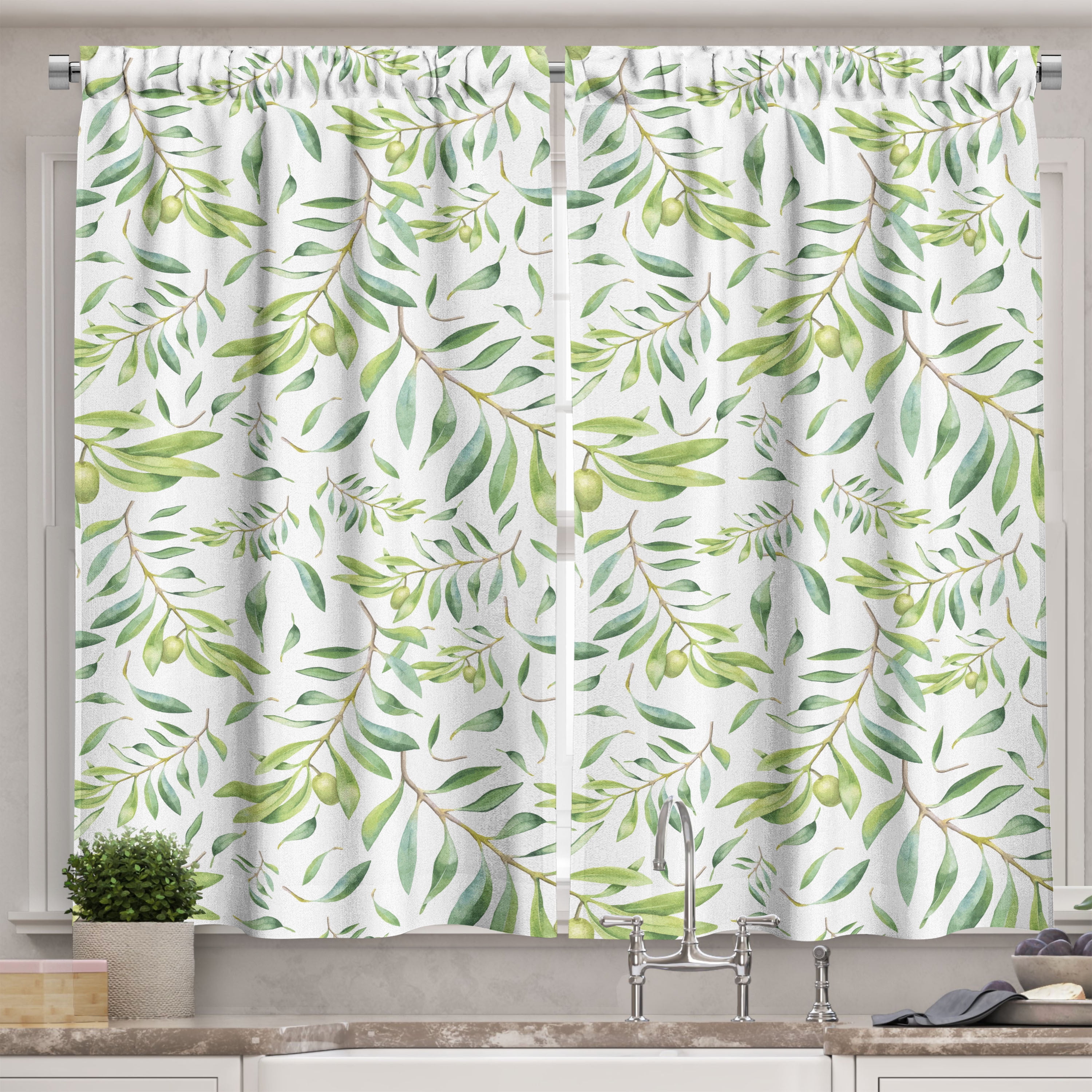 Ambesonne Green Leaf Kitchen Curtains, Olive Tree, 55"x39", Avocado ...