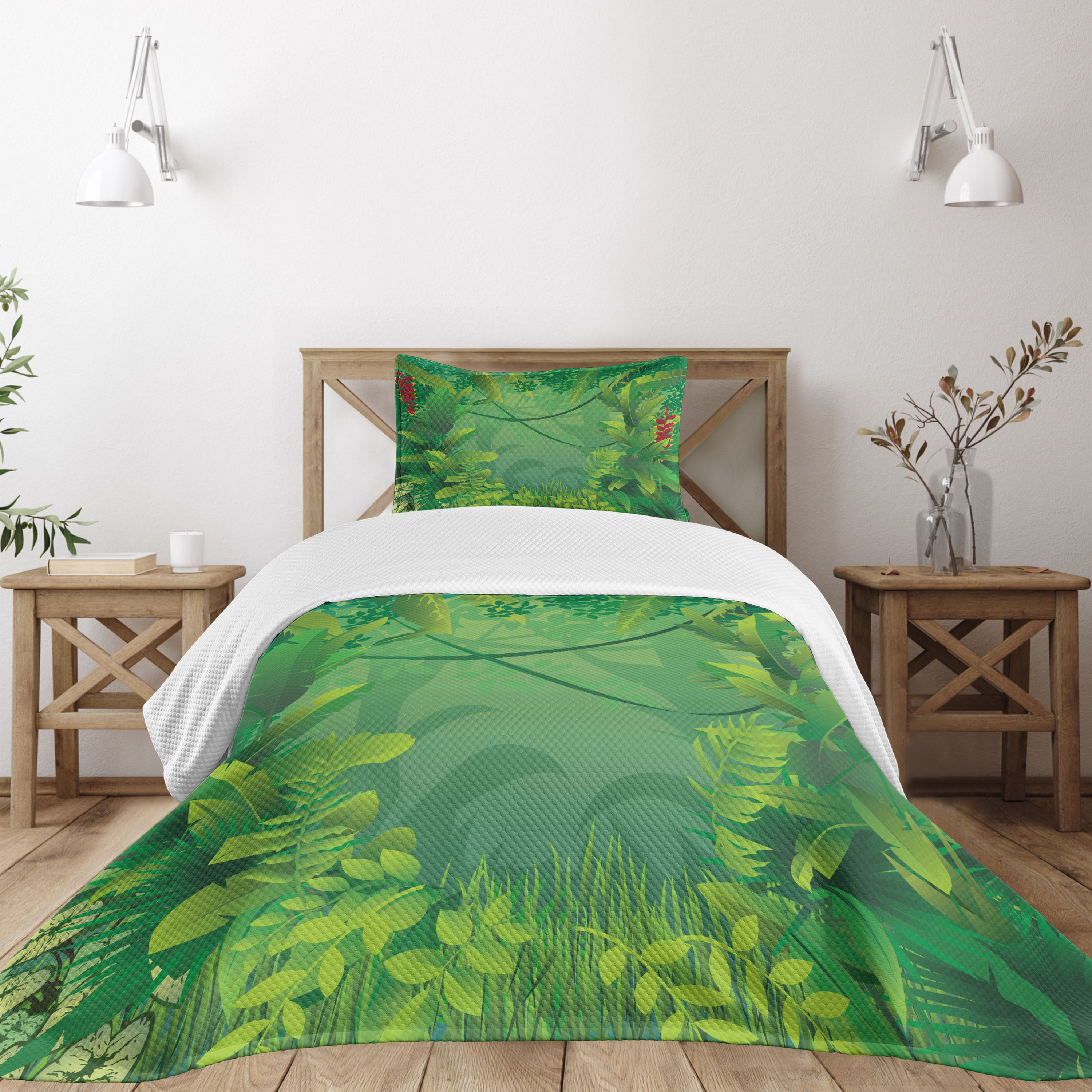Ambesonne Green Leaf Quilted Bedspread Set 2 Pcs, Hawaiian Rainforest ...