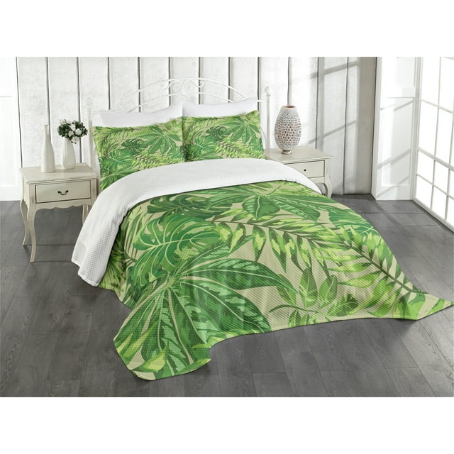 Ambesonne Green Leaf Quilted Bedspread Set 3 Pcs, Fresh Jungle Aloha ...