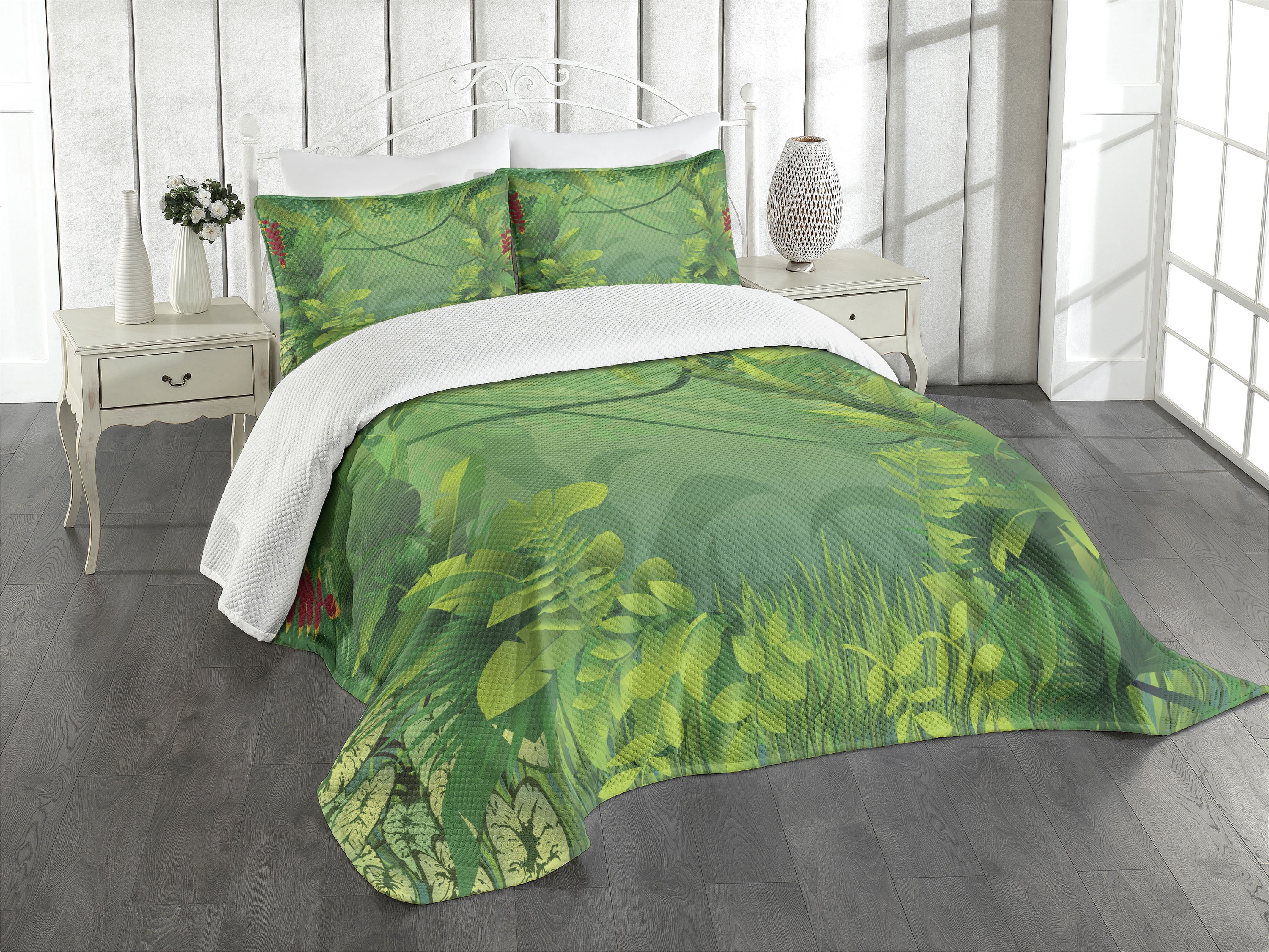 Ambesonne Green Leaf Quilted Bedspread Set 3 Pcs, Hawaiian Rainforest ...