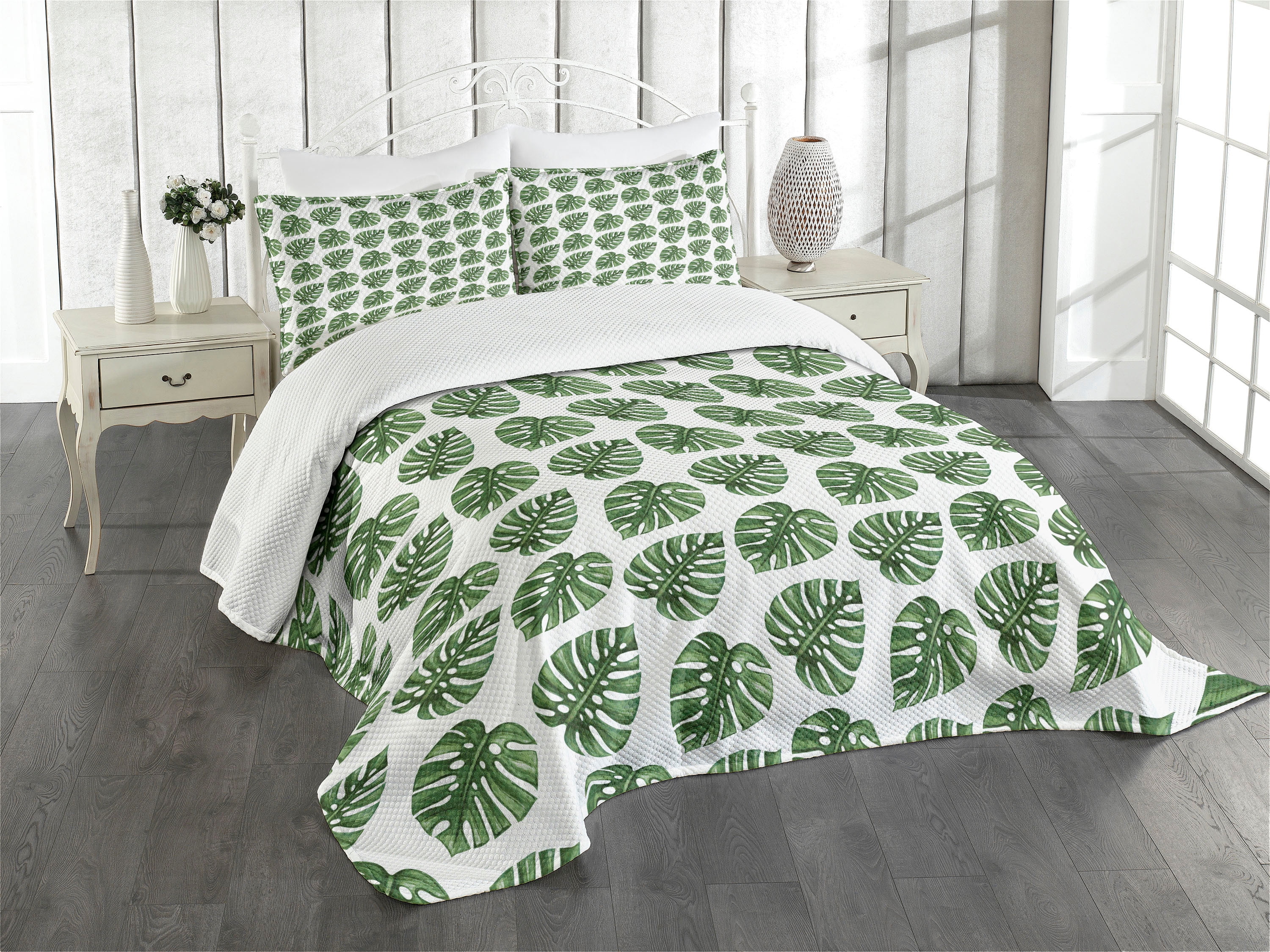 Ambesonne Green Leaf Quilted Bedspread Set 3 Pcs, Palm Leaves Nature ...