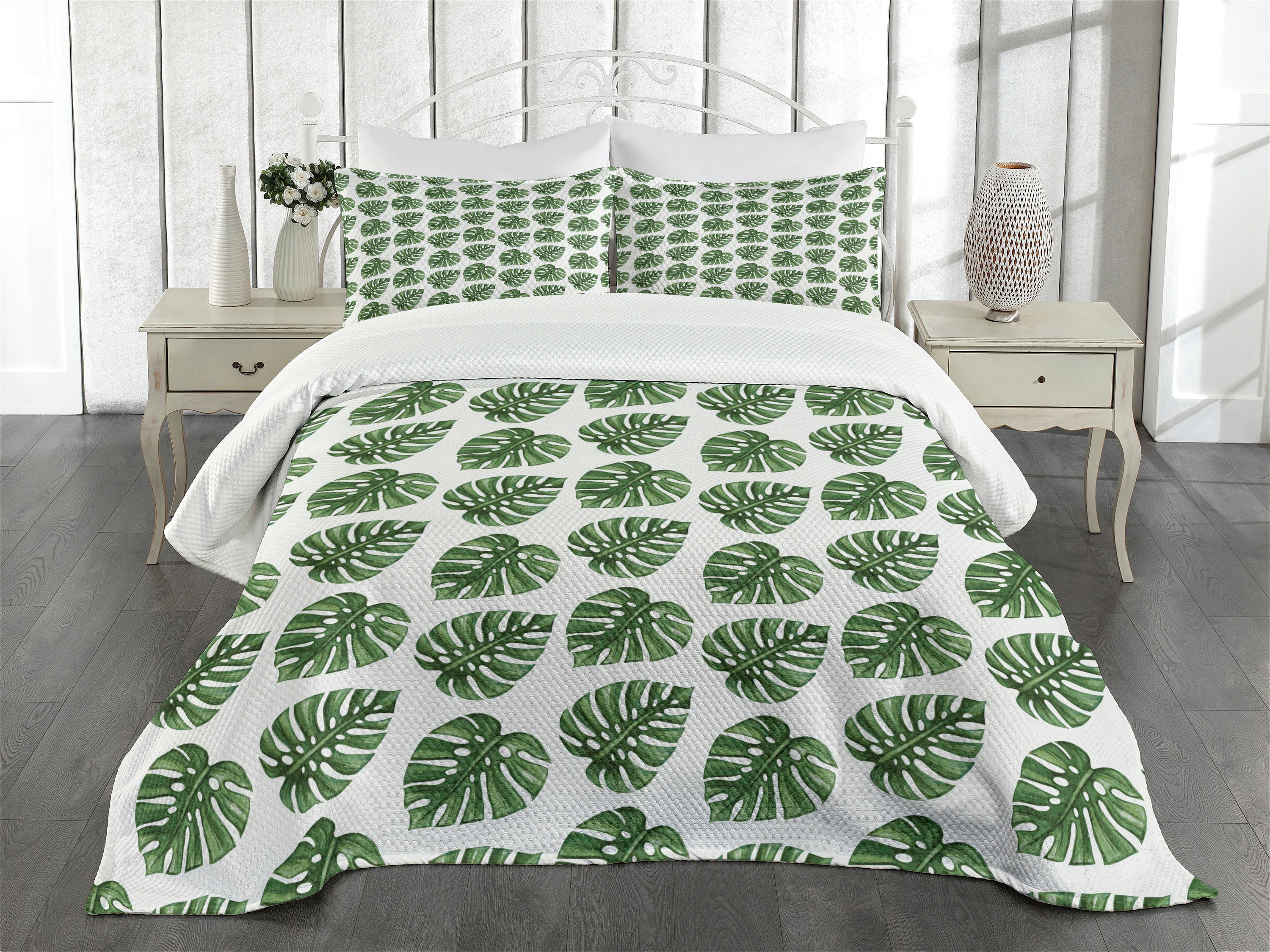 Ambesonne Green Leaf Quilted Bedspread Set 3 Pcs, Palm Leaves Nature ...