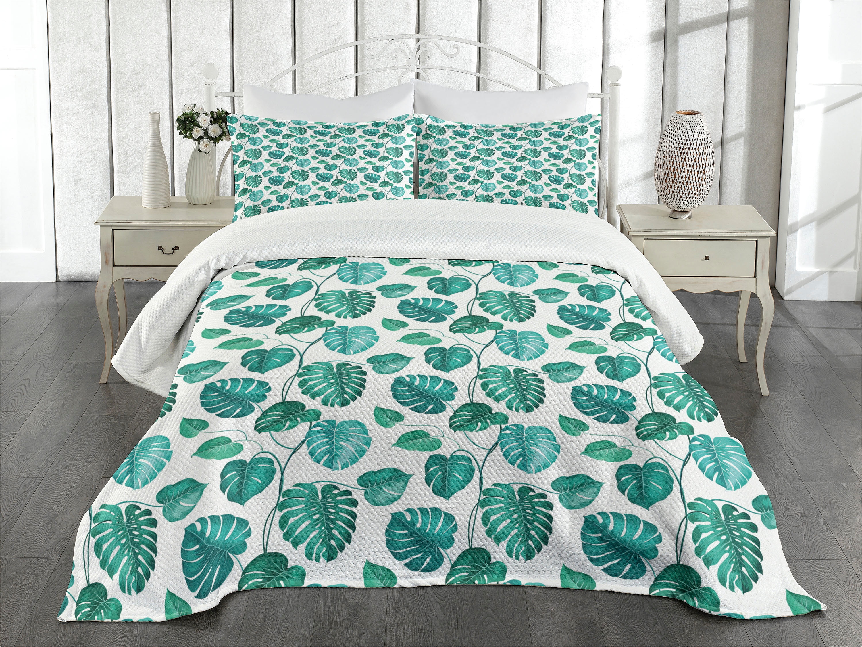 Ambesonne Green Leaf Quilted Bedspread Set 3 Pcs, Rainforest Jungle ...