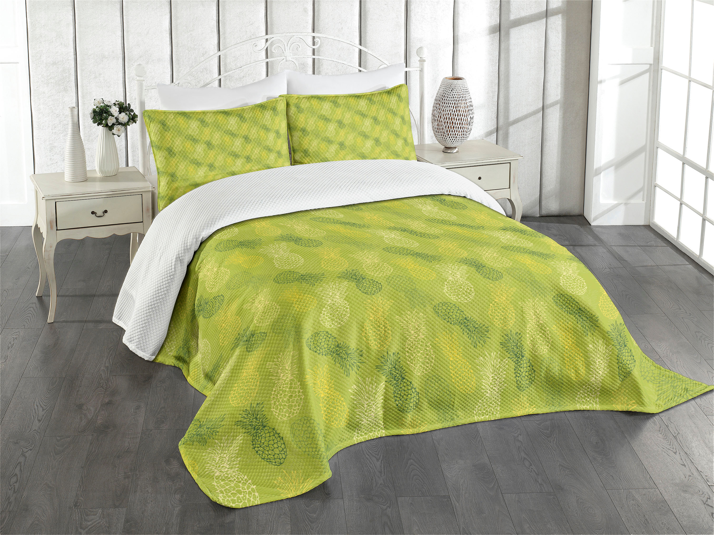 Ambesonne Green Leaf Quilted Bedspread Set 3 Pcs, Tropical Pineapple ...