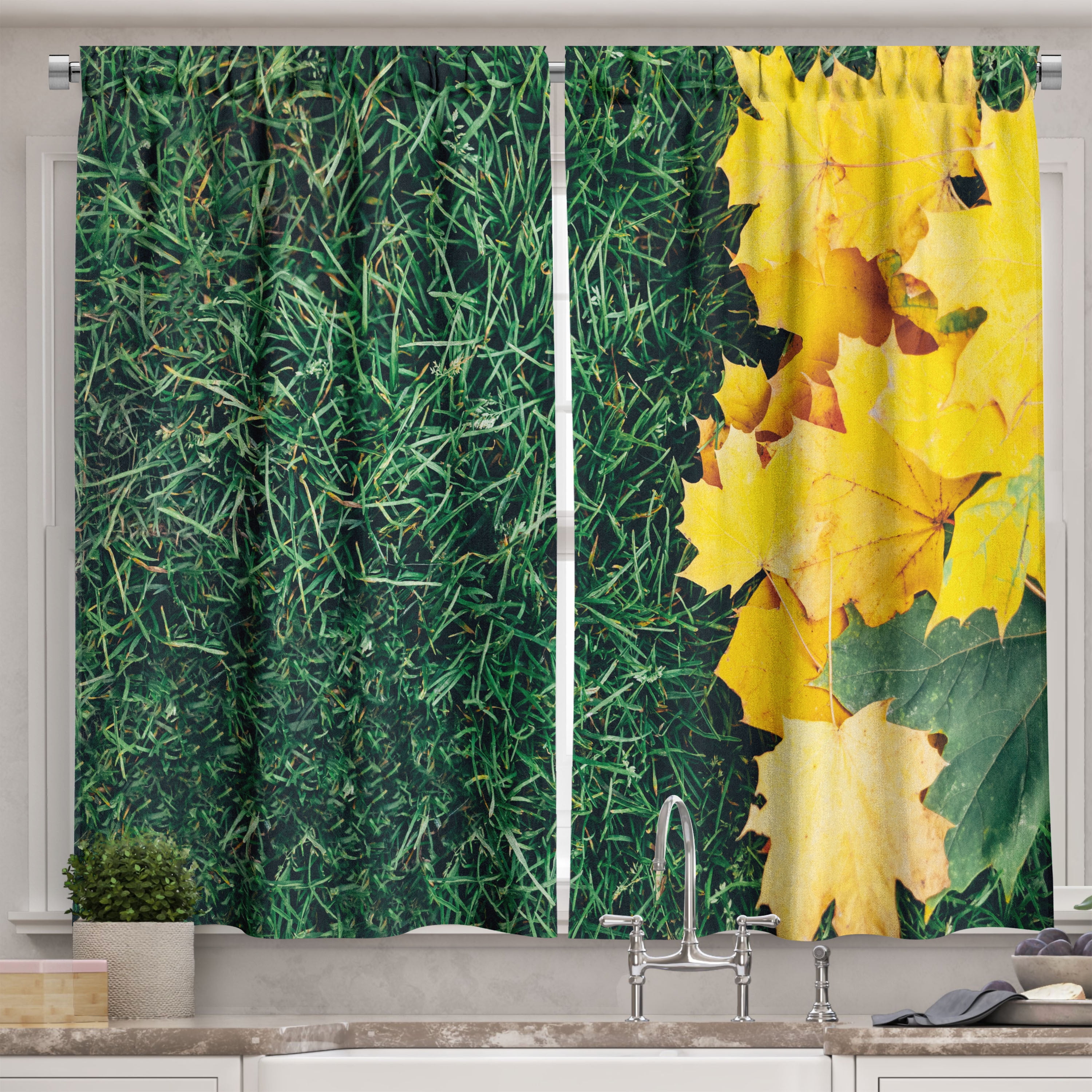 Ambesonne Green Leaves Kitchen Curtains, Autumn Foliage Print, 55"x36 ...