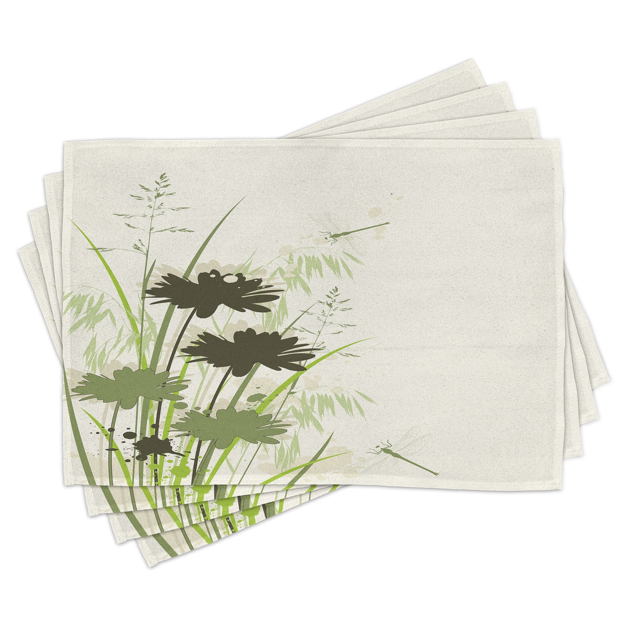 Ambesonne Green Place Mats Set of 4, Flowers Leaves Dragonfly, Standard ...
