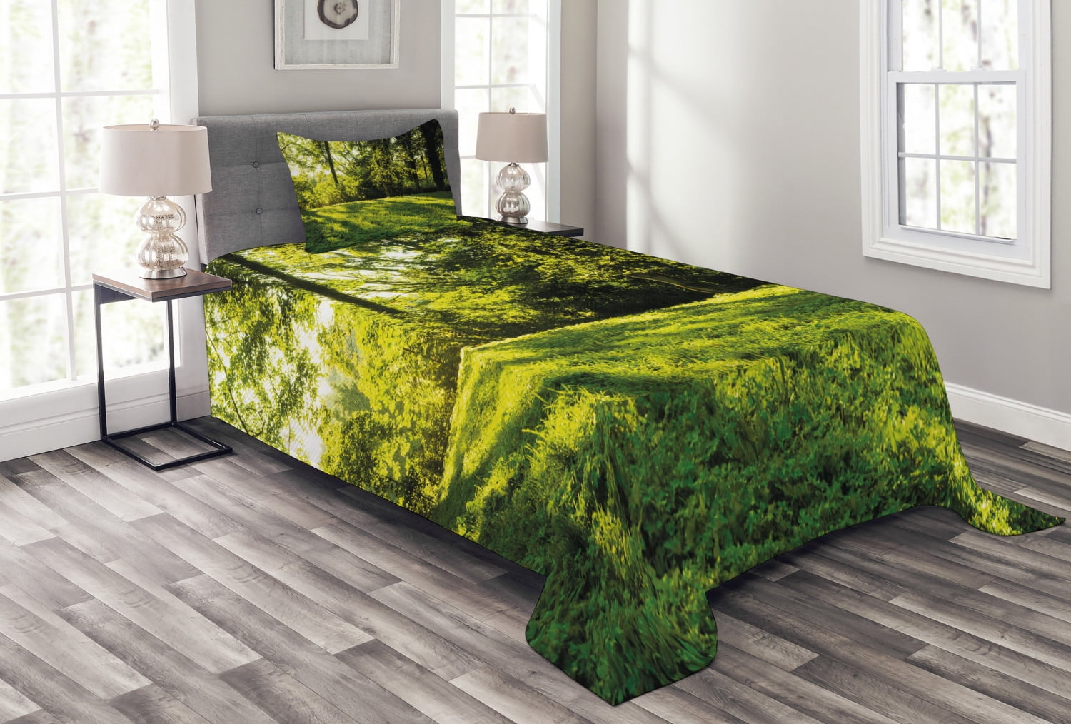 Ambesonne Green Quilted Bedspread Set 2 Pcs, Rising Sun Beams Forest ...
