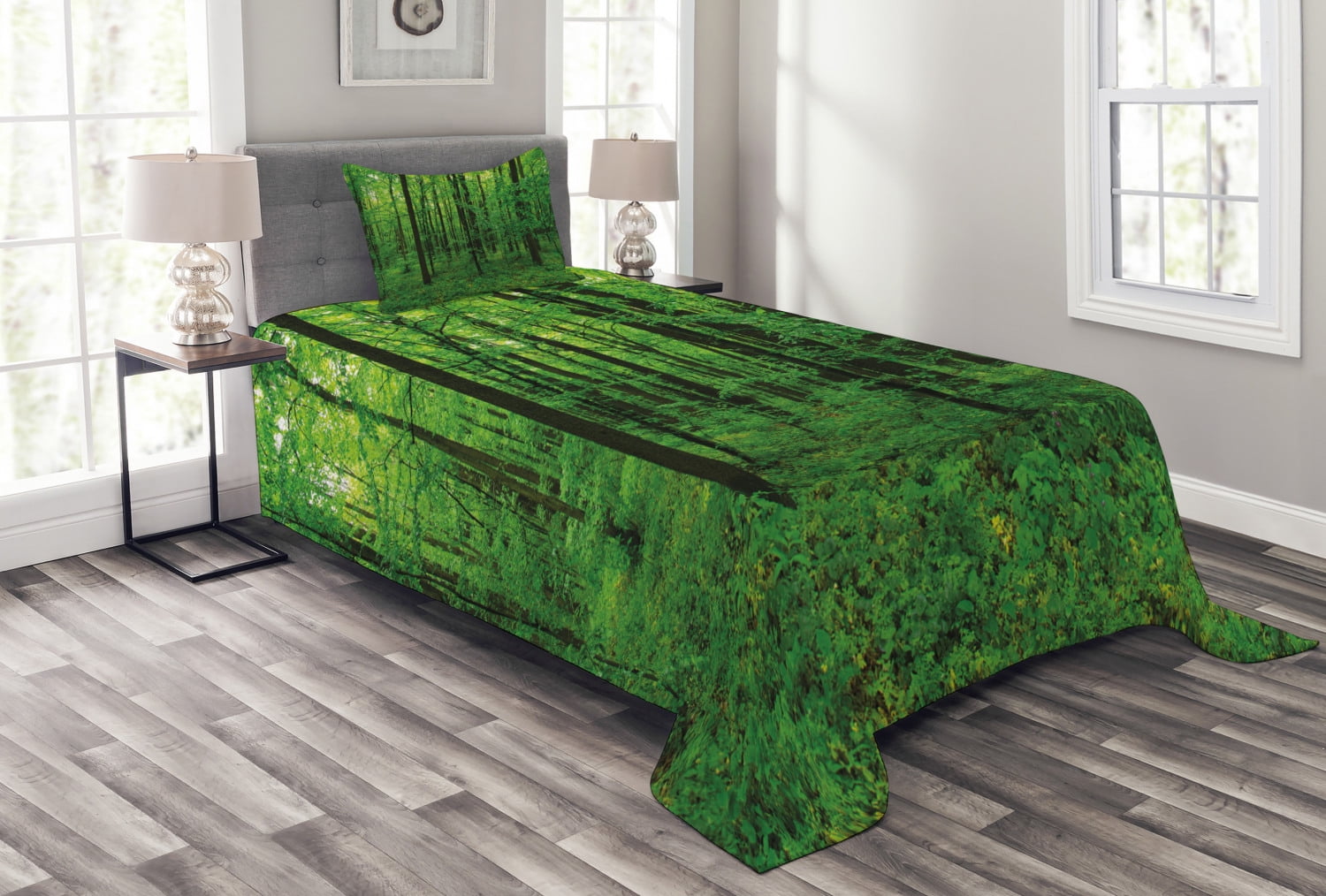 Ambesonne Green Quilted Bedspread Set 2 Pcs, Spring Forest Bush Rural ...
