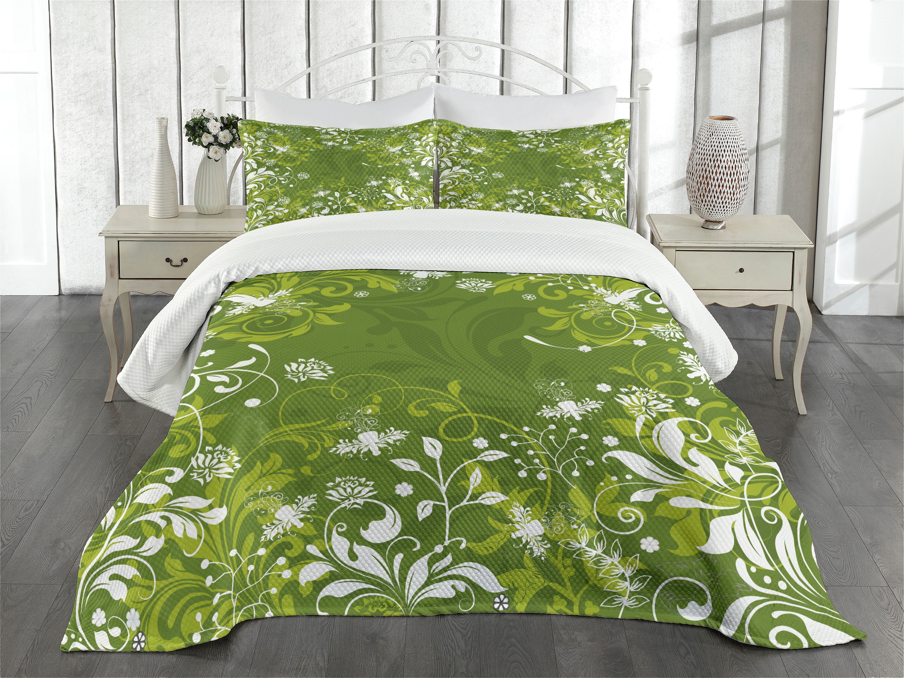 Ambesonne Green Quilted Bedspread Set 3 Pcs, Abstract Floral Nature ...