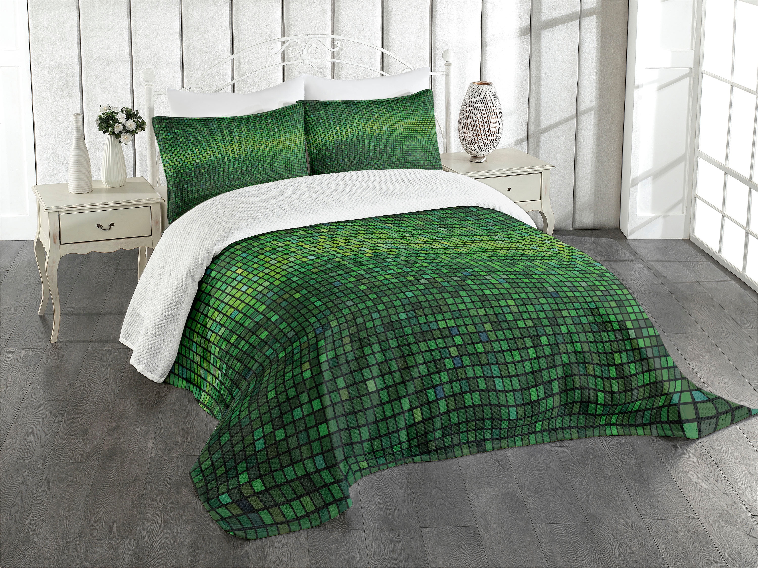 Ambesonne Green Quilted Bedspread Set 3 Pcs, Digital Mosaic Pixel Grid ...