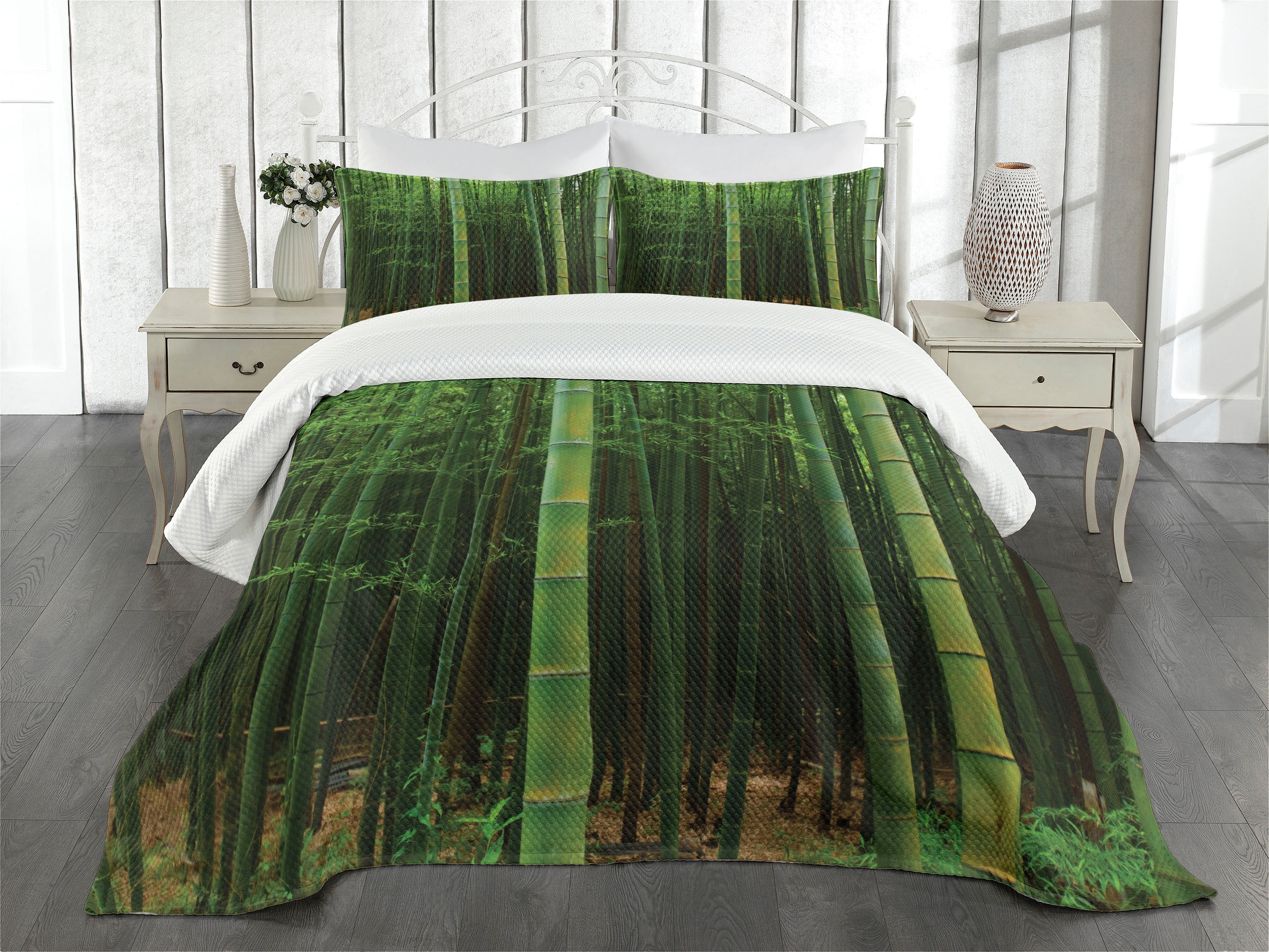 Ambesonne Green Quilted Bedspread Set 3 Pcs, Exotic Tree Forest Scenery ...