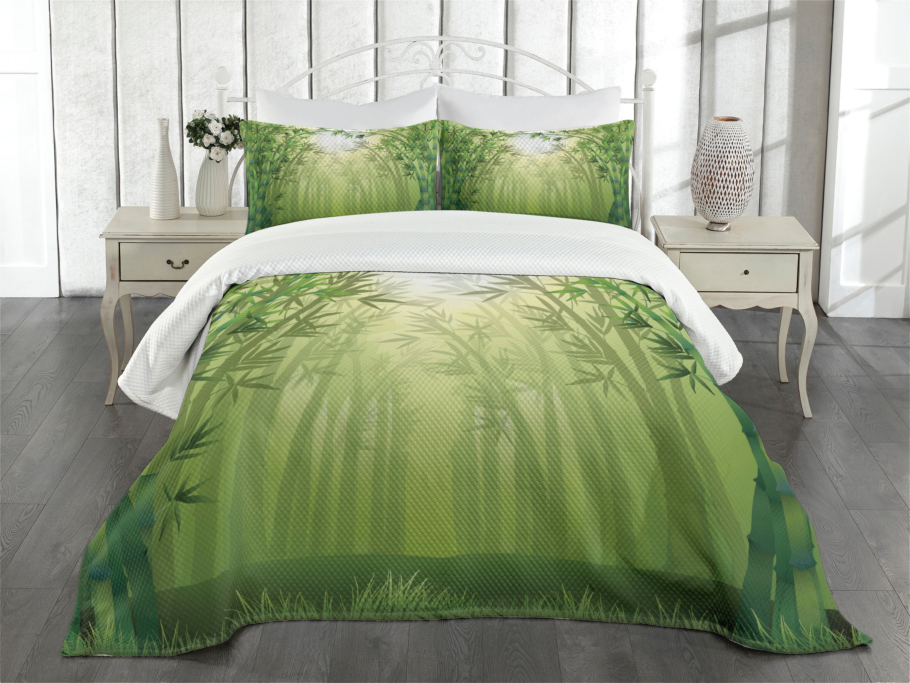 Ambesonne Green Quilted Bedspread Set 3 Pcs, Exotic Trees in Forest ...
