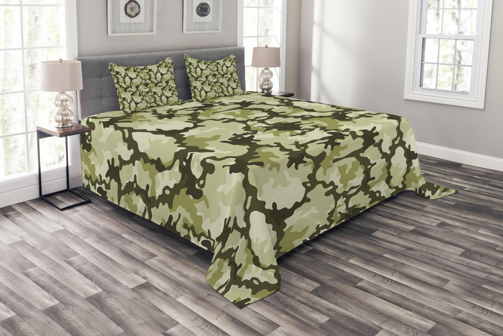 Ambesonne Green Quilted Bedspread Set 3 Pcs, Jungle Camouflage Design ...
