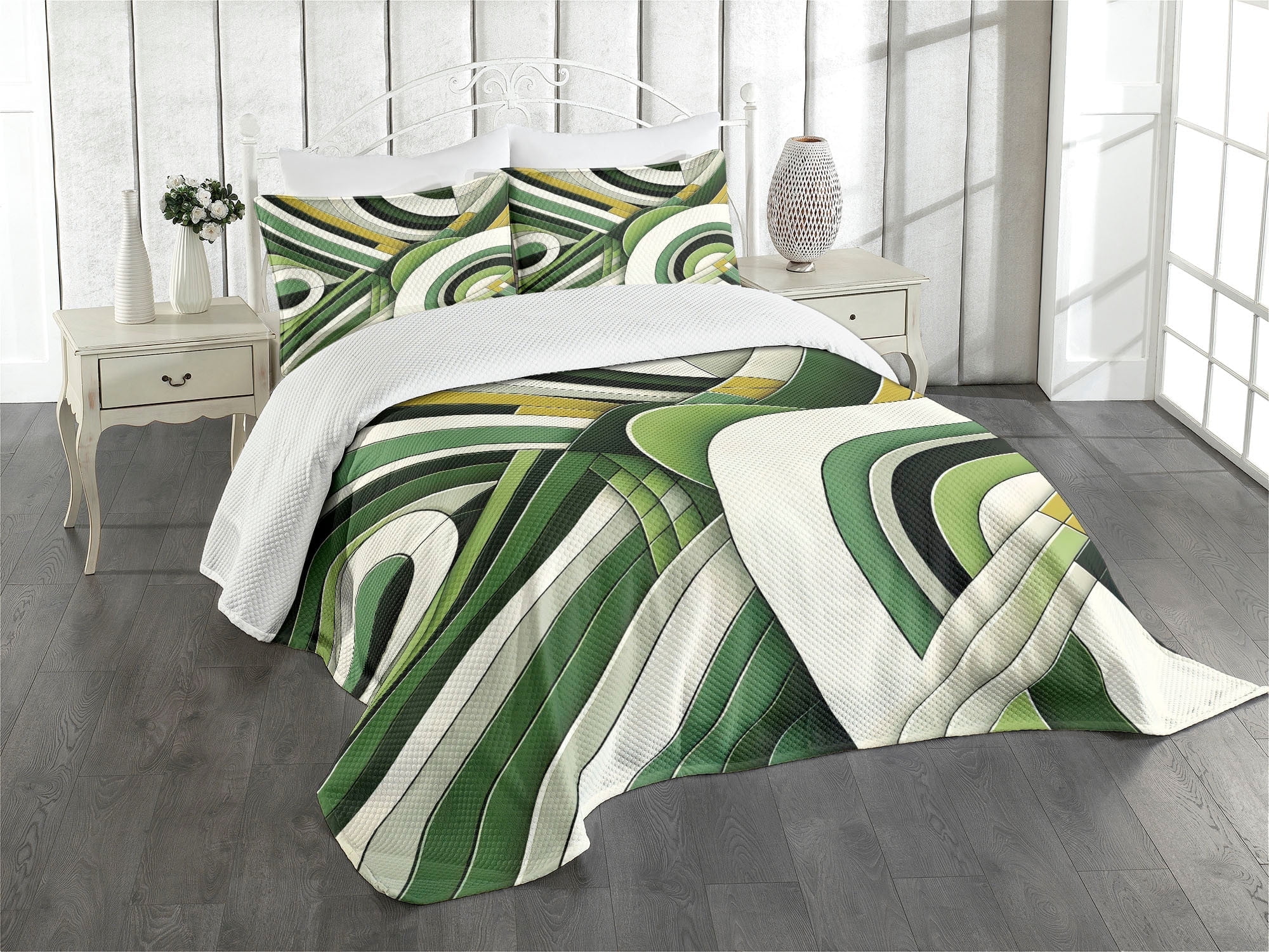 Ambesonne Green Quilted Bedspread Set 3 Pcs, Mid Century Modern Rounds ...