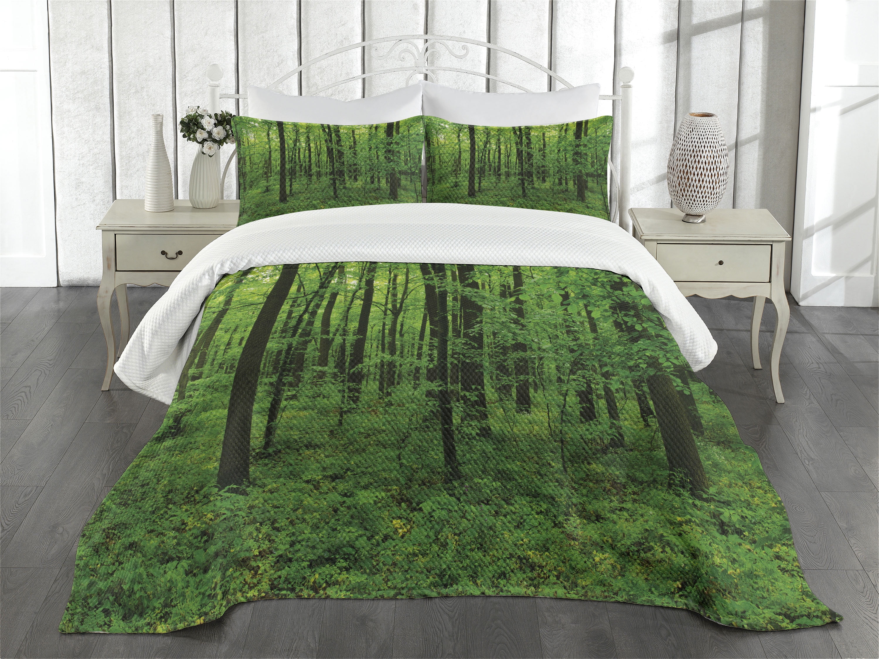 Ambesonne Green Quilted Bedspread Set 3 Pcs, Spring Forest Bush Rural ...
