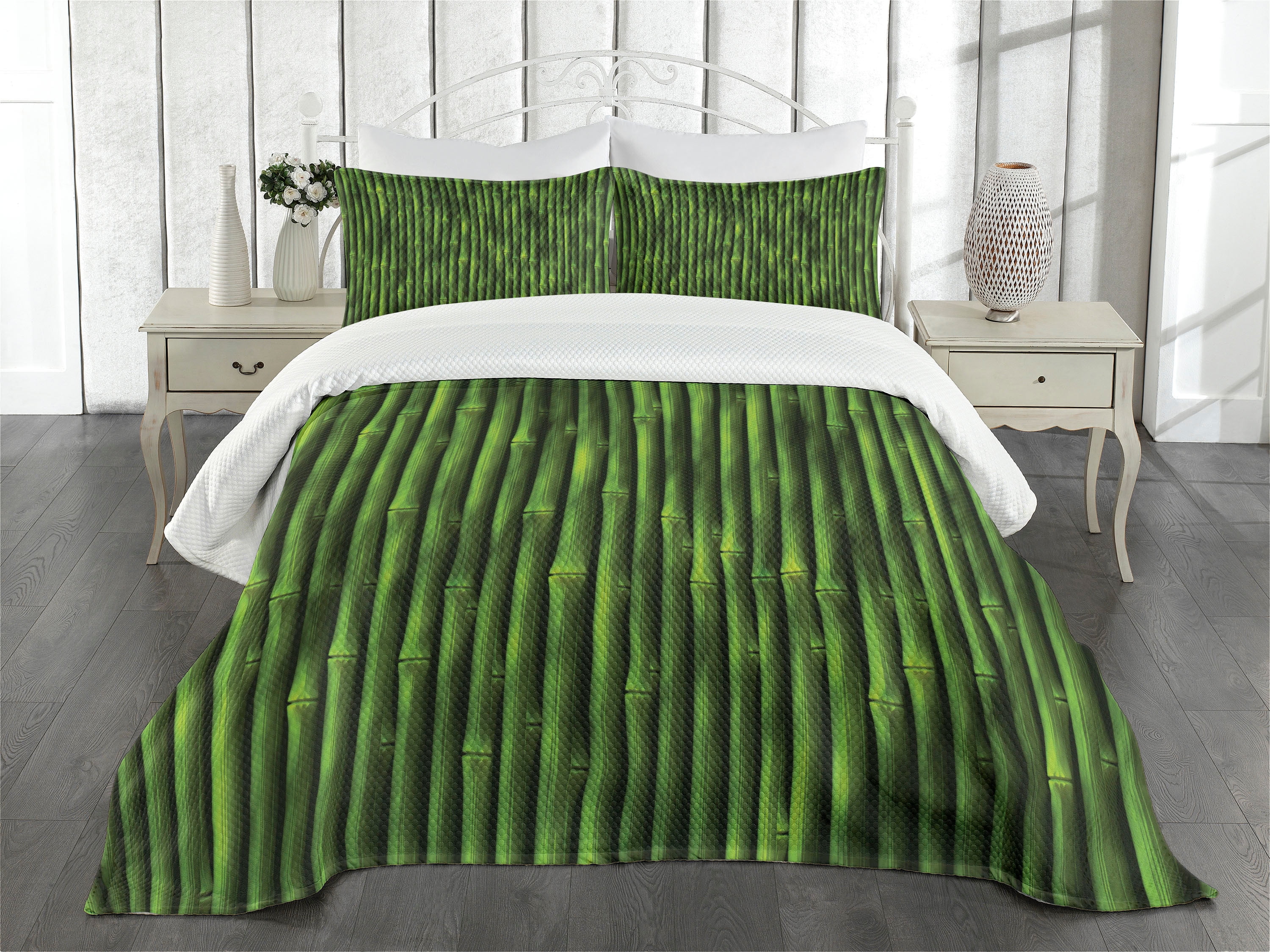 Ambesonne Green Quilted Bedspread Set 3 Pcs, Tropical Ornament Closeup ...
