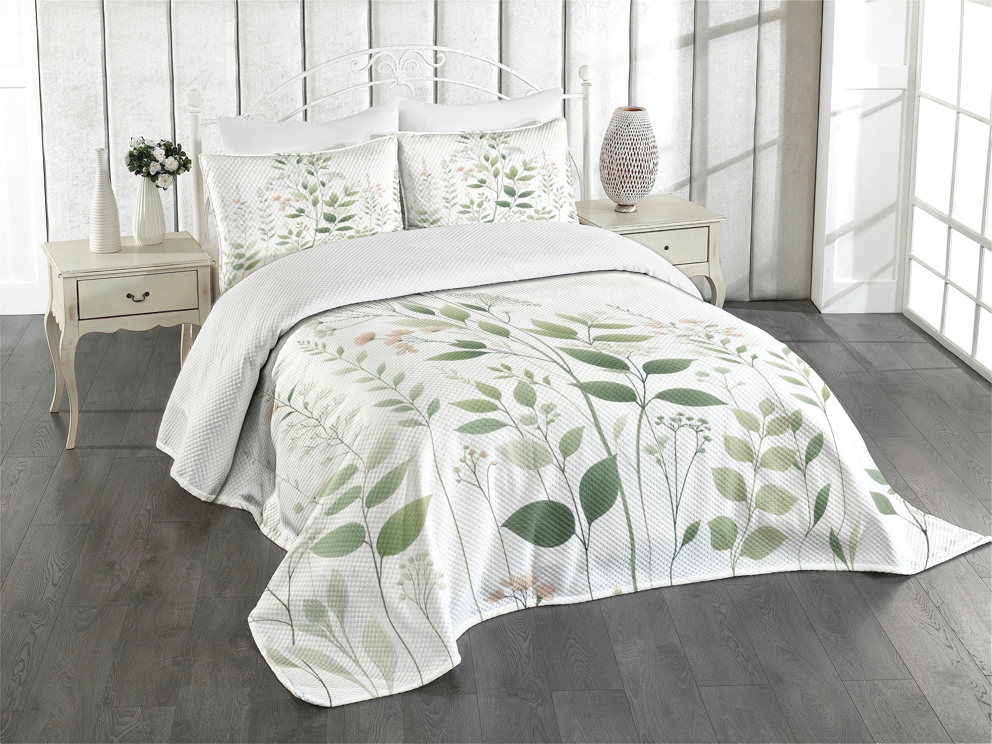 Ambesonne Green Quilted Bedspread Set 3 Pcs, Urban Jungle Leaves Dreamy ...