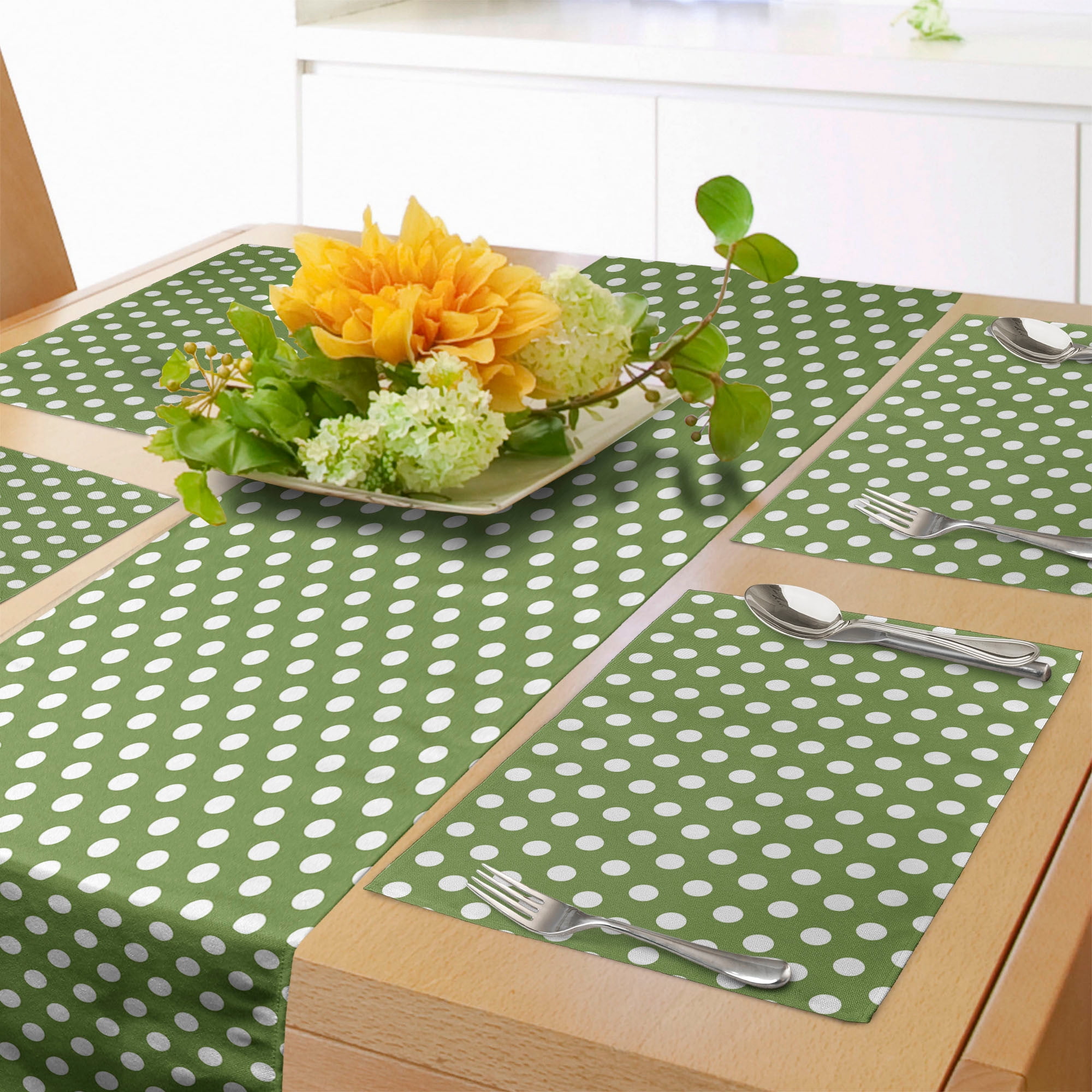 Ambesonne Green Table Runner & Placemats, White Simple Polka Dots ...