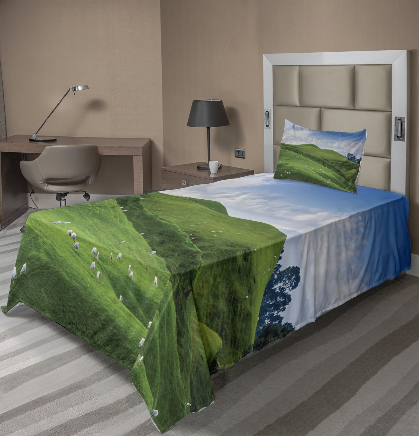 Ambesonne Green White Fitted & Top Sheet Set with Sham, Sheep and Blue ...