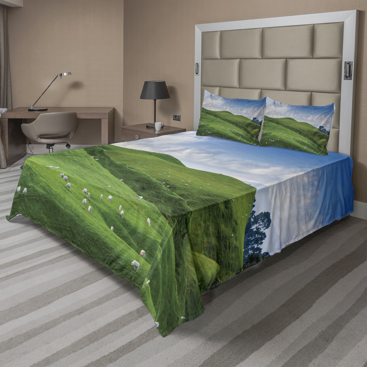 Ambesonne Green White Fitted & Top Sheet Set with Shams, Sheep and Blue ...