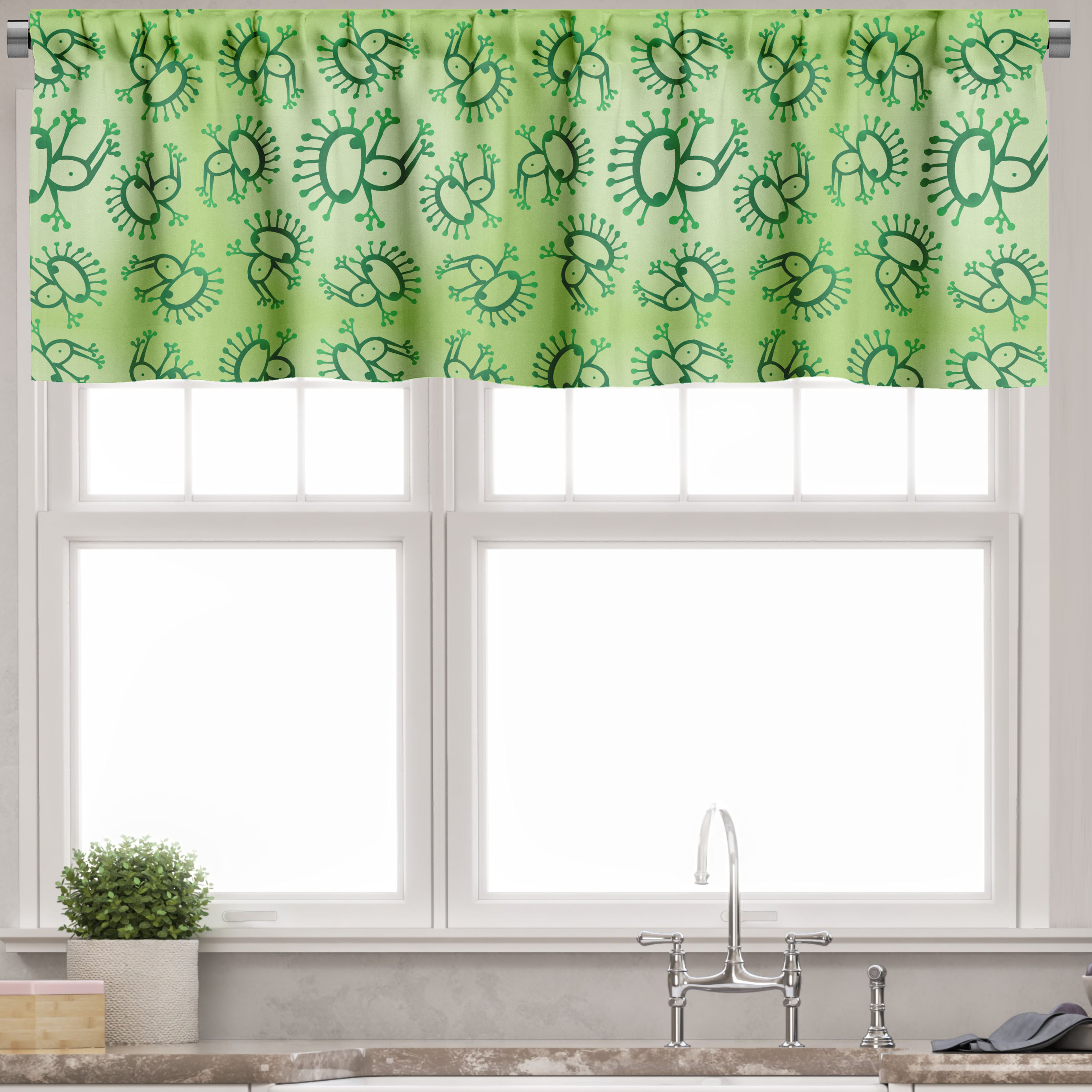 Ambesonne Green Window Valance, Doodle Style Alien Frogs, 54" X 12 ...
