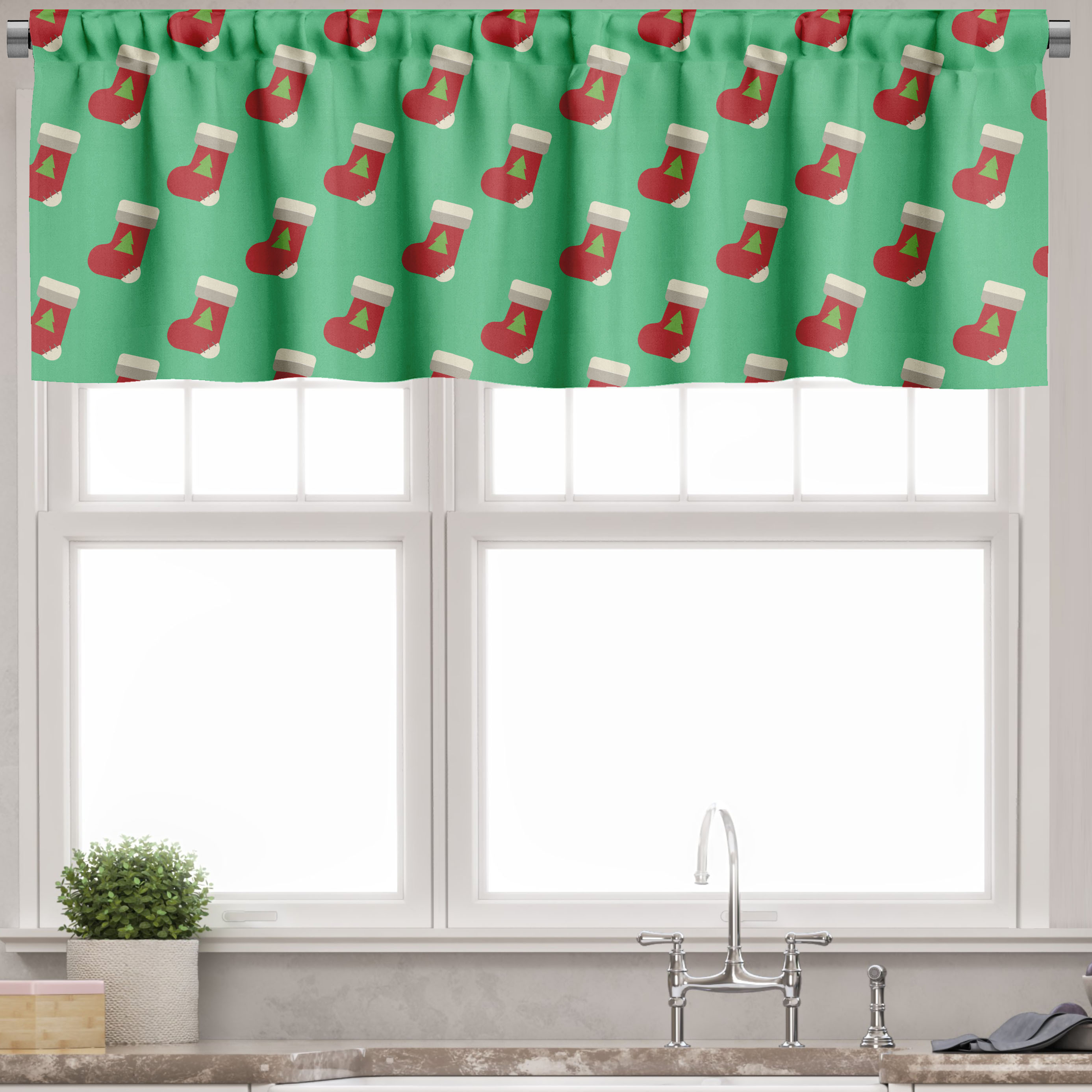 Ambesonne Green Xmas Valance Pack of 2, Merry Santa Claus Socks, 54"X18 ...