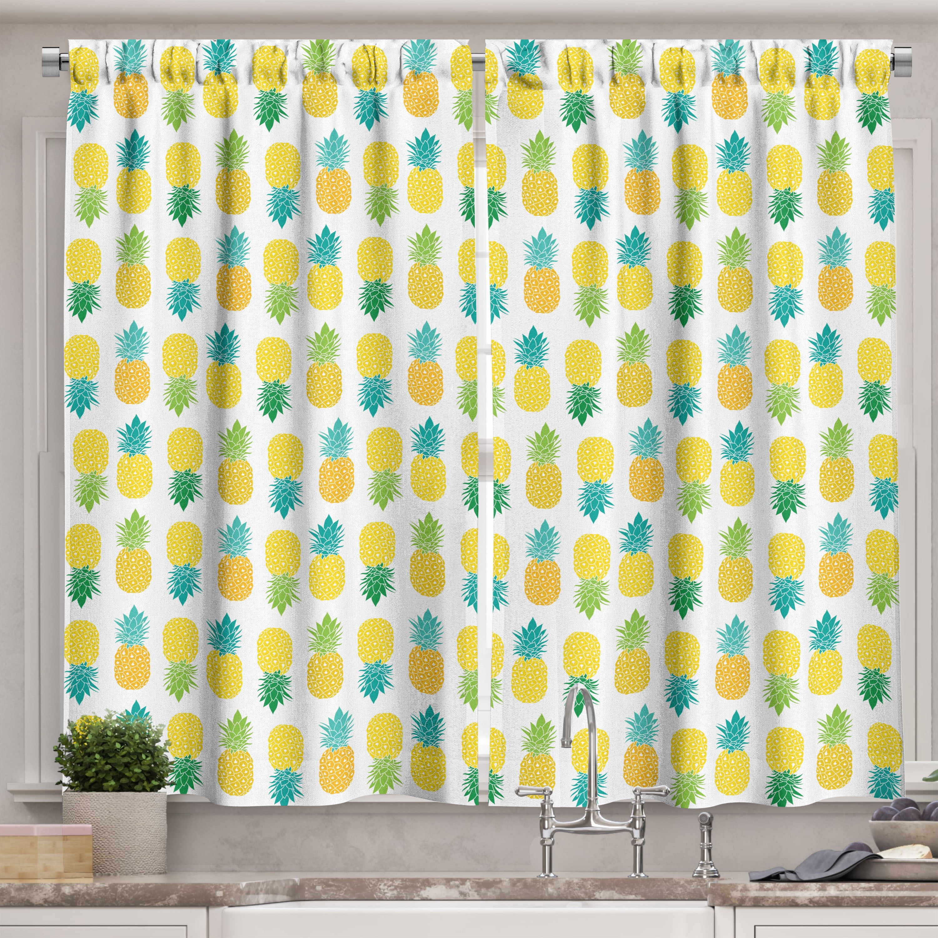 Ambesonne Green and Yellow Kitchen Curtains, Hawaii Foliage, 55"x39 ...