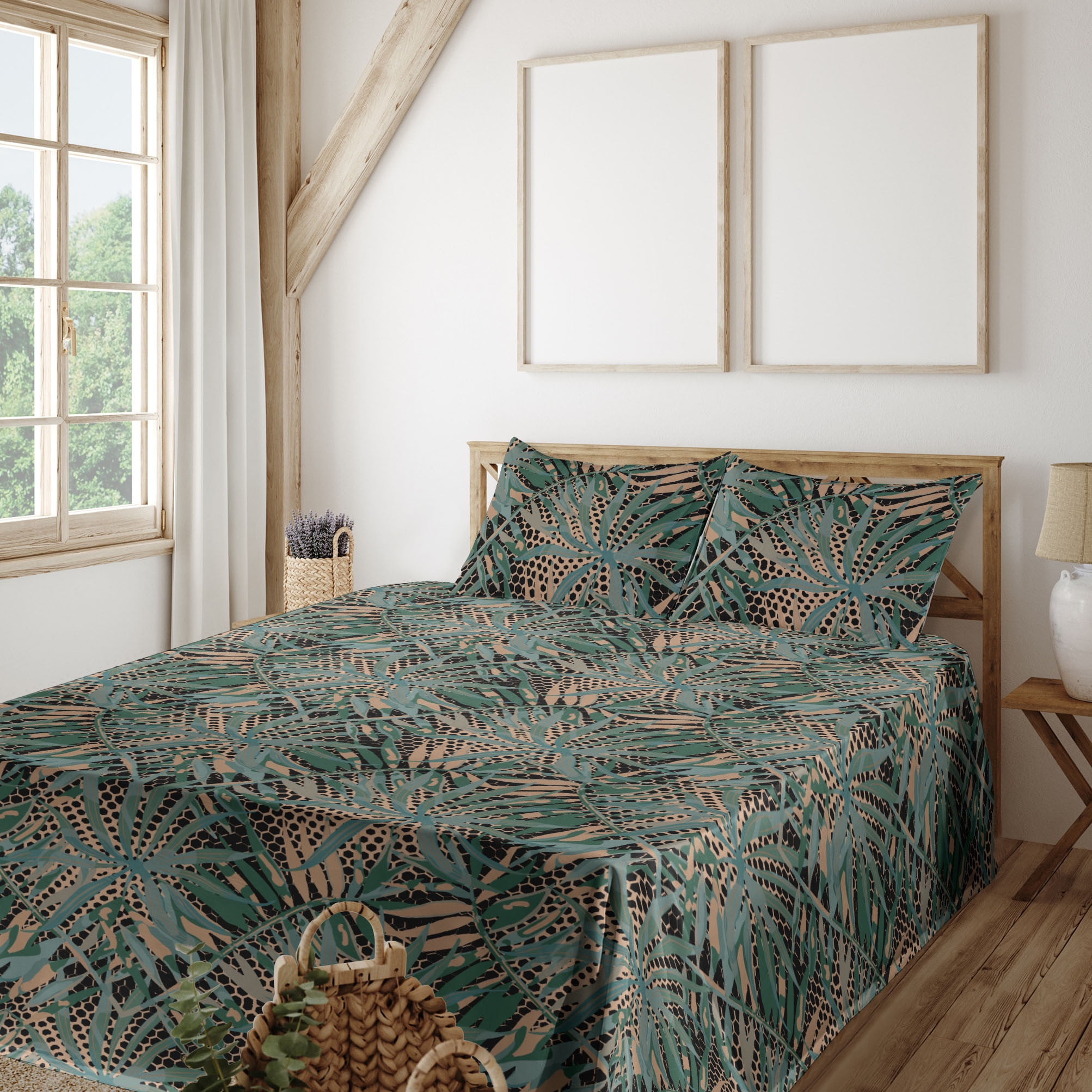 Ambesonne Greenery Leaves Fitted & Flat Sheet with Sham 3 Pcs Set, Palm ...