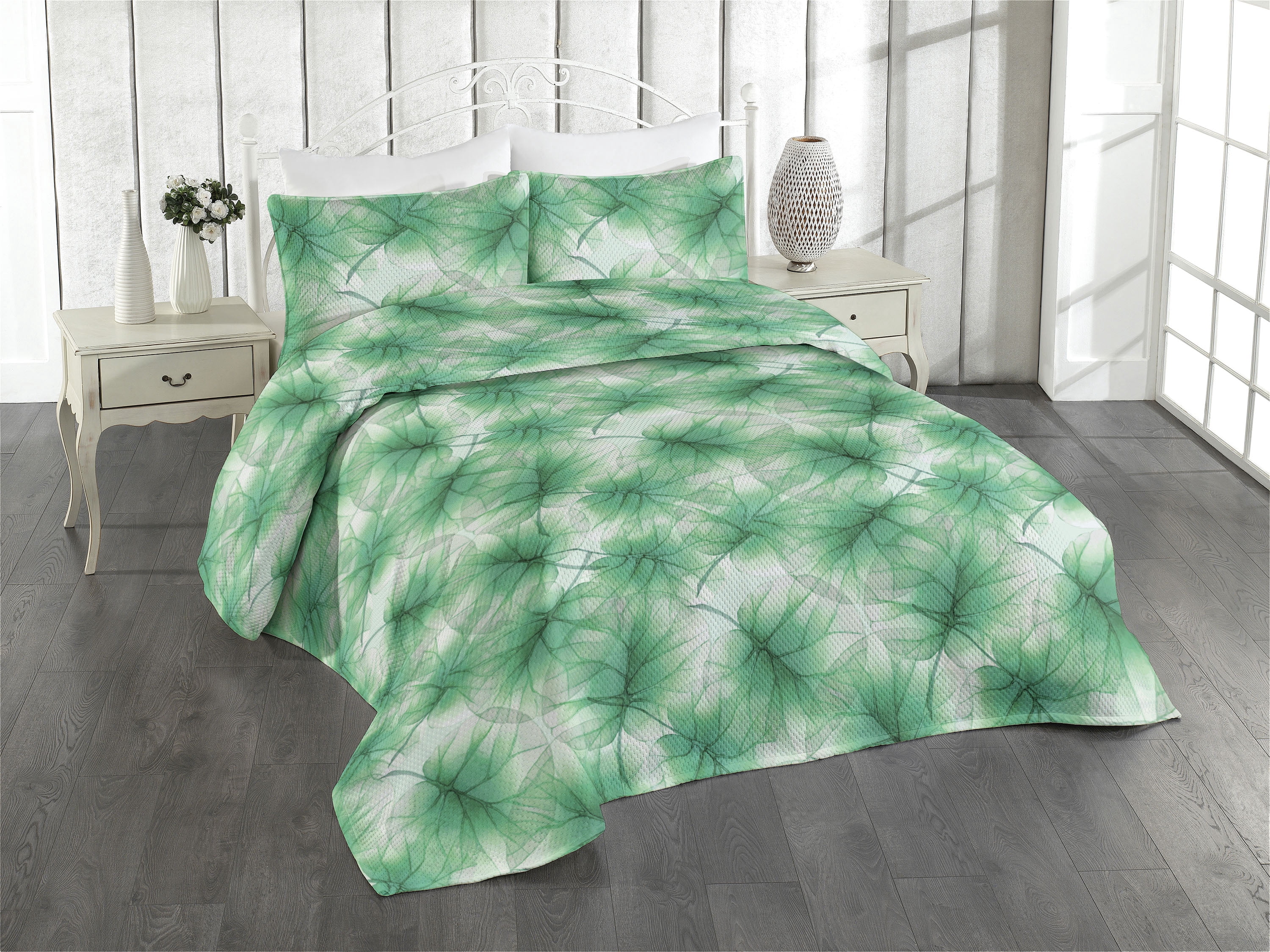 Ambesonne Greenery Quilted Bedspread Set 3 Pcs, Lotus Leaves Pattern ...