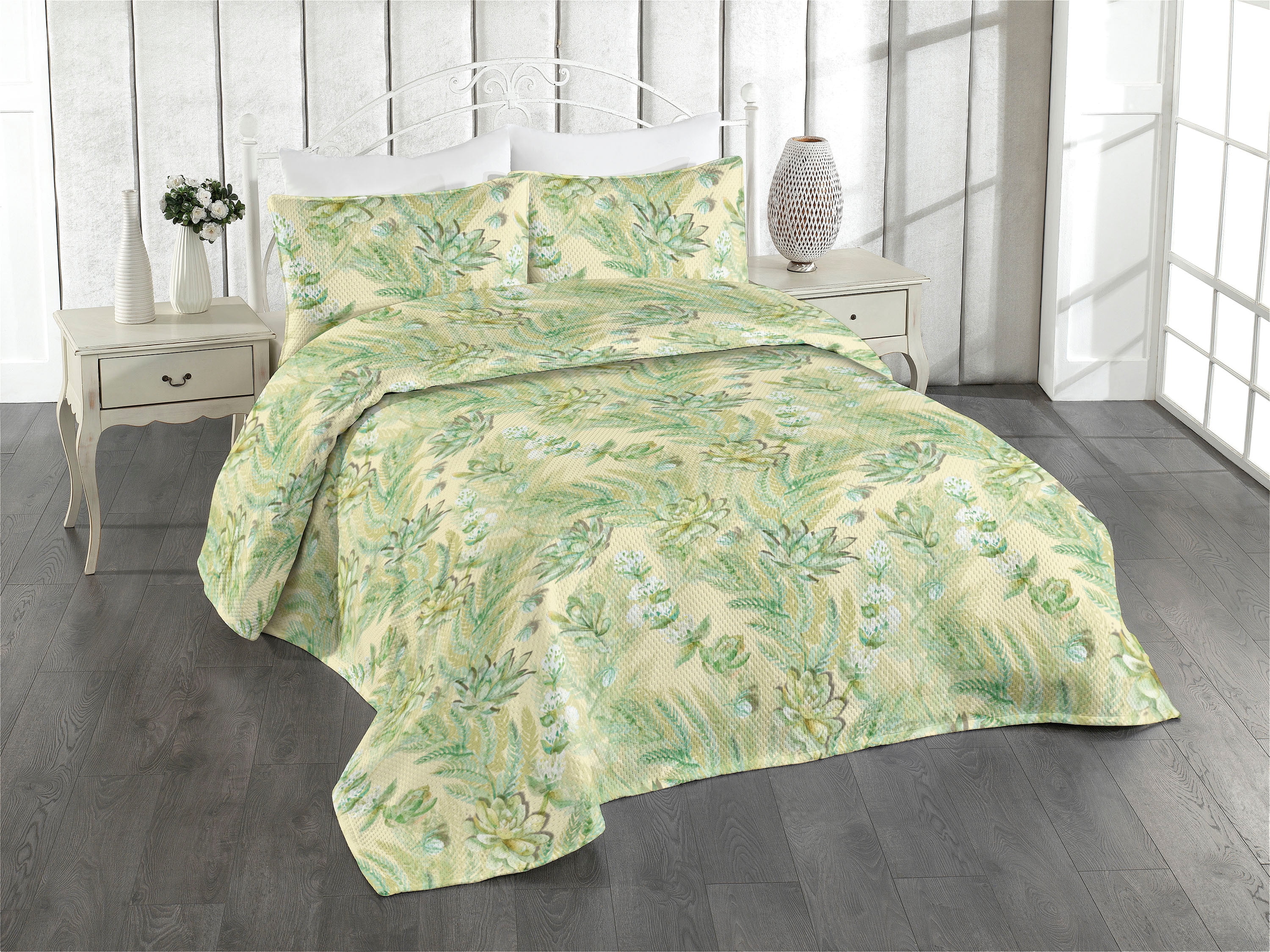 Ambesonne Greenery Quilted Bedspread Set 3 Pcs, Lotus and Fern Leaves ...