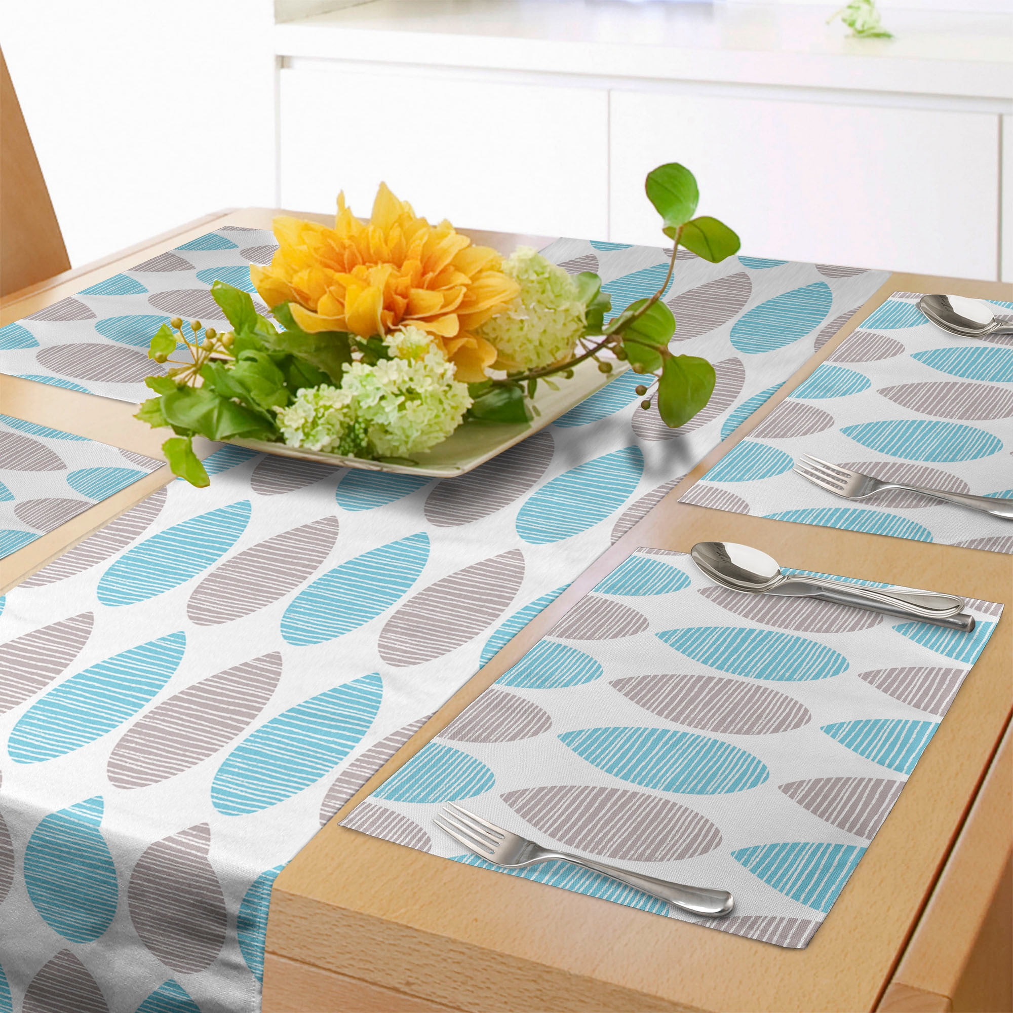 Ambesonne Grey Blue Table Runner & Placemats, Foliage Arrangement ...