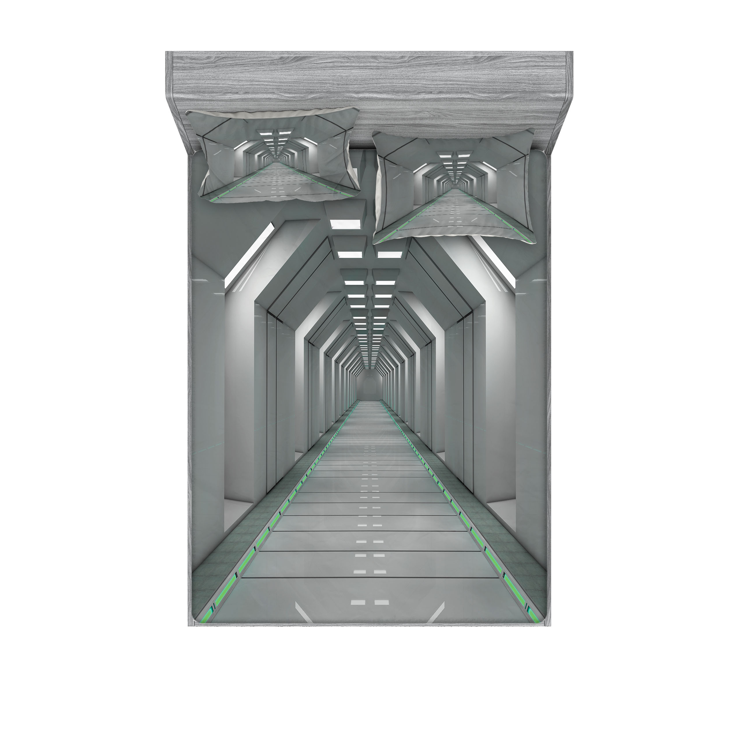 Ambesonne Grey Fitted Sheet & Pillow Sham Set, Corridor in Ship Space ...