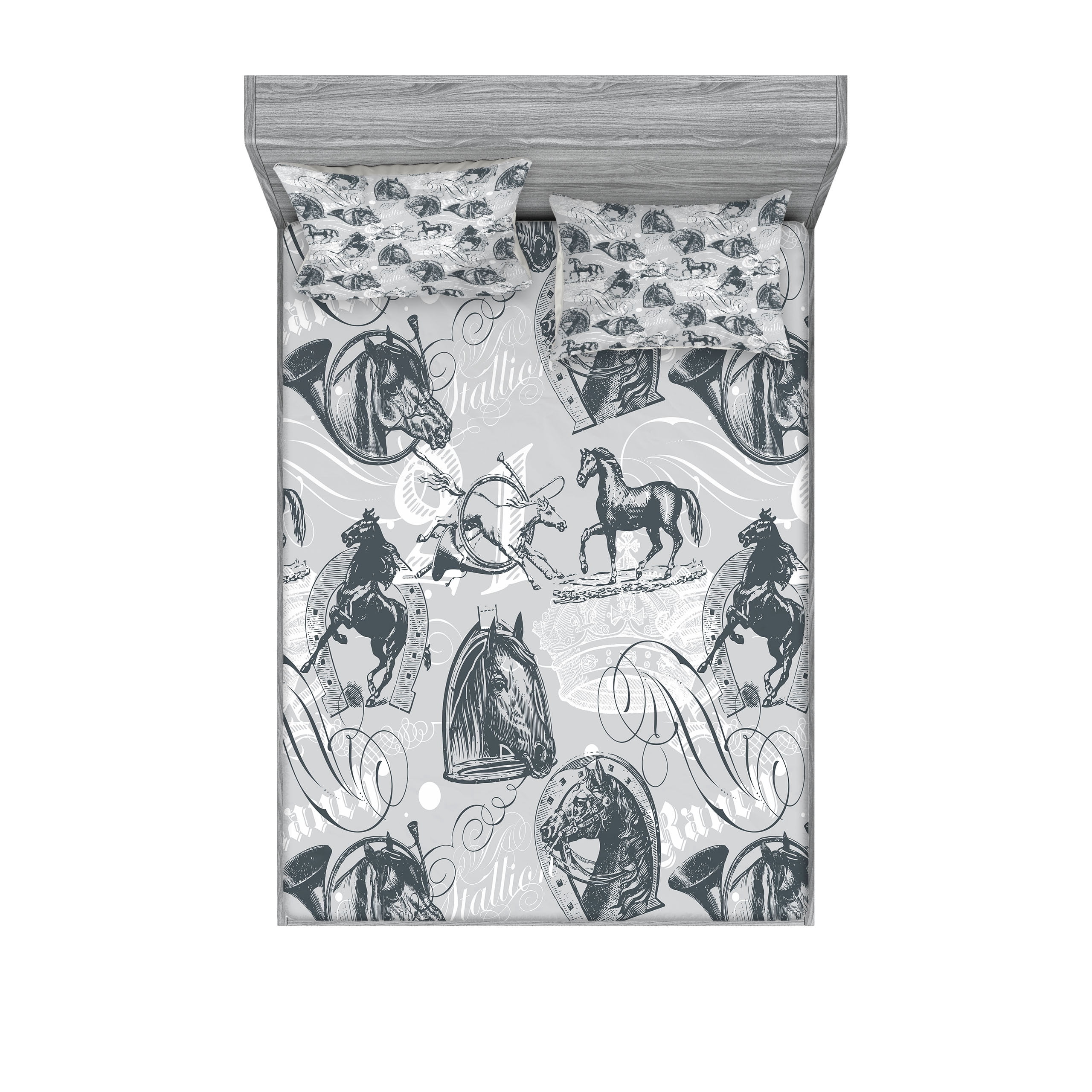 Ambesonne Grey Fitted Sheet & Pillow Sham Set, Horse Royal Animal Retro ...