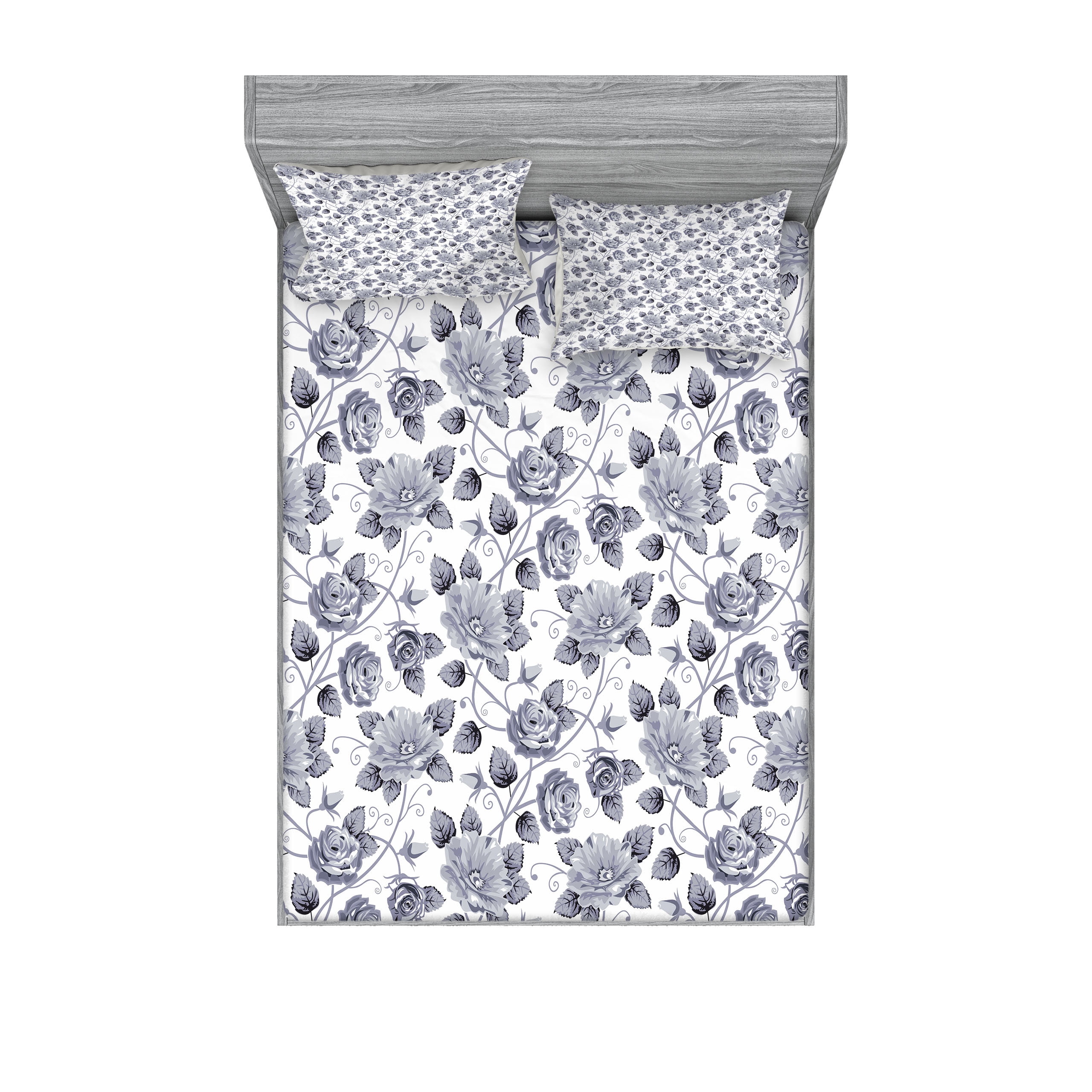 Ambesonne Grey Fitted Sheet & Pillow Sham Set, Vintage Roses Floral Art ...