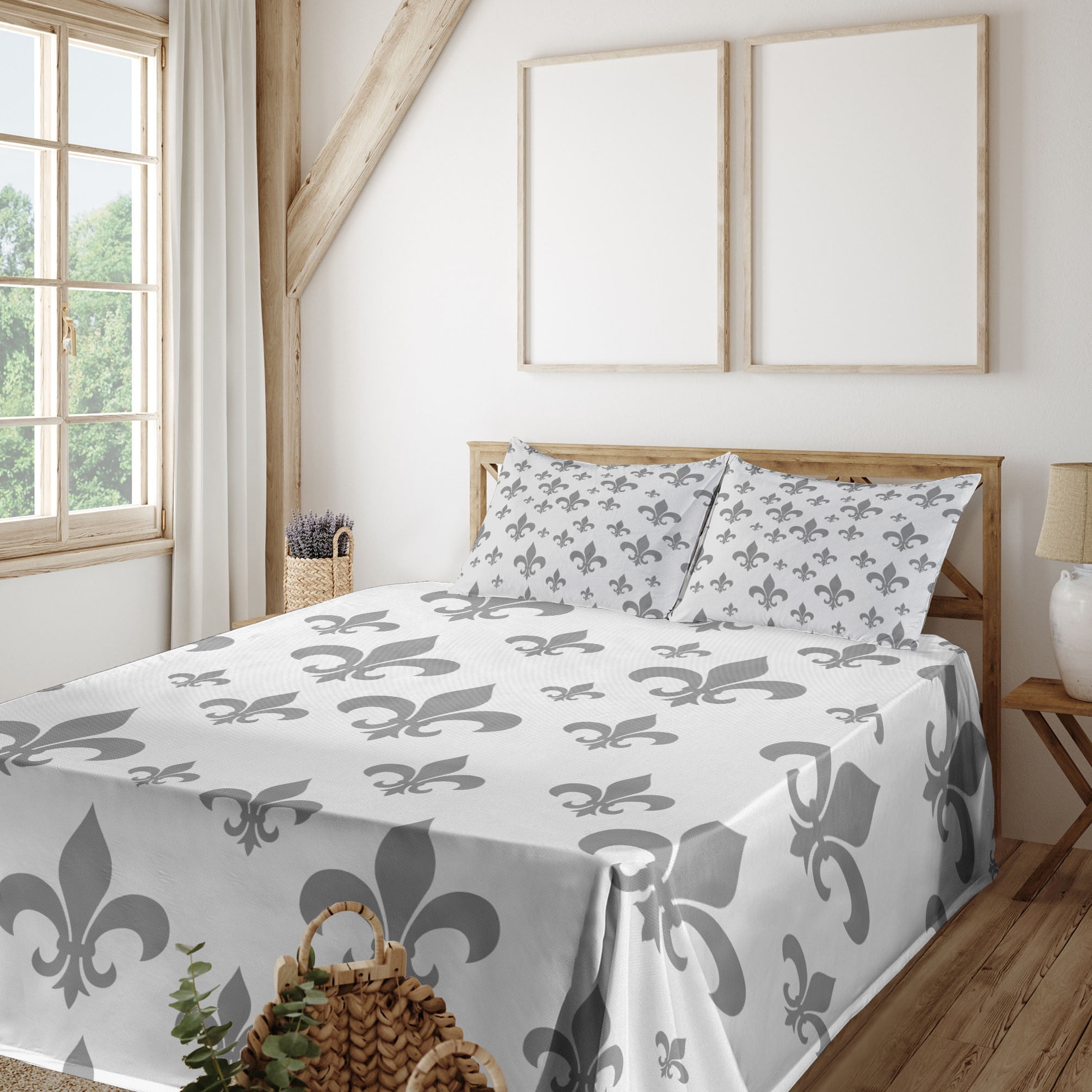 Ambesonne Grey Fitted & Top Sheet Set with Shams, Retro Royal Vintage ...