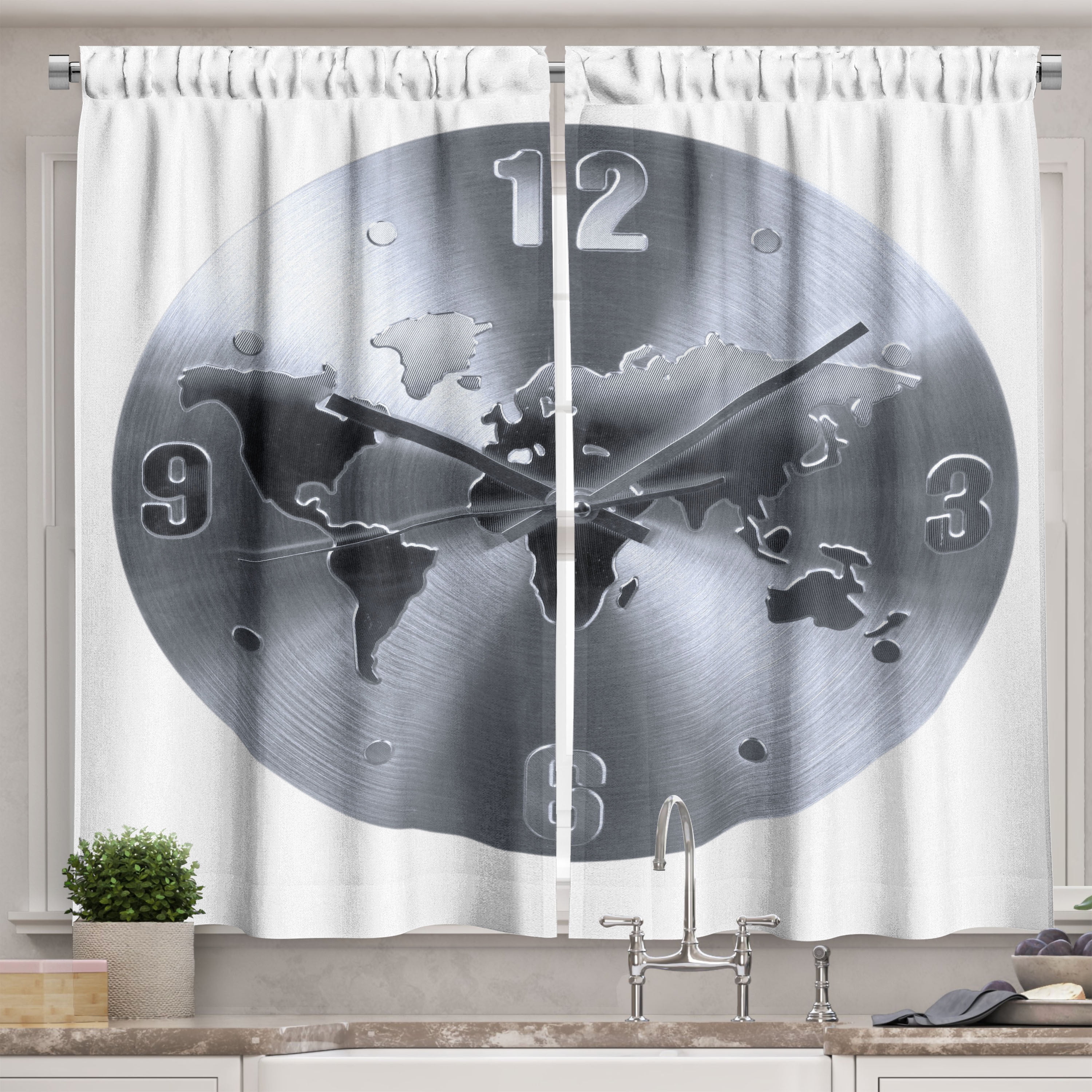 Ambesonne Grey Kitchen Curtains, World Map Clock Pattern, 55"x36", Blue ...