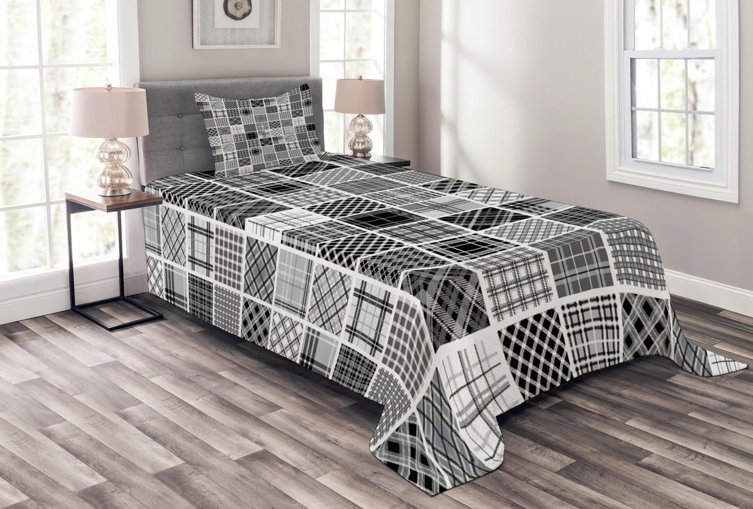 Ambesonne Grey Quilted Bedspread Set 2 Pcs, Plaid Patchwork Retro, Twin ...