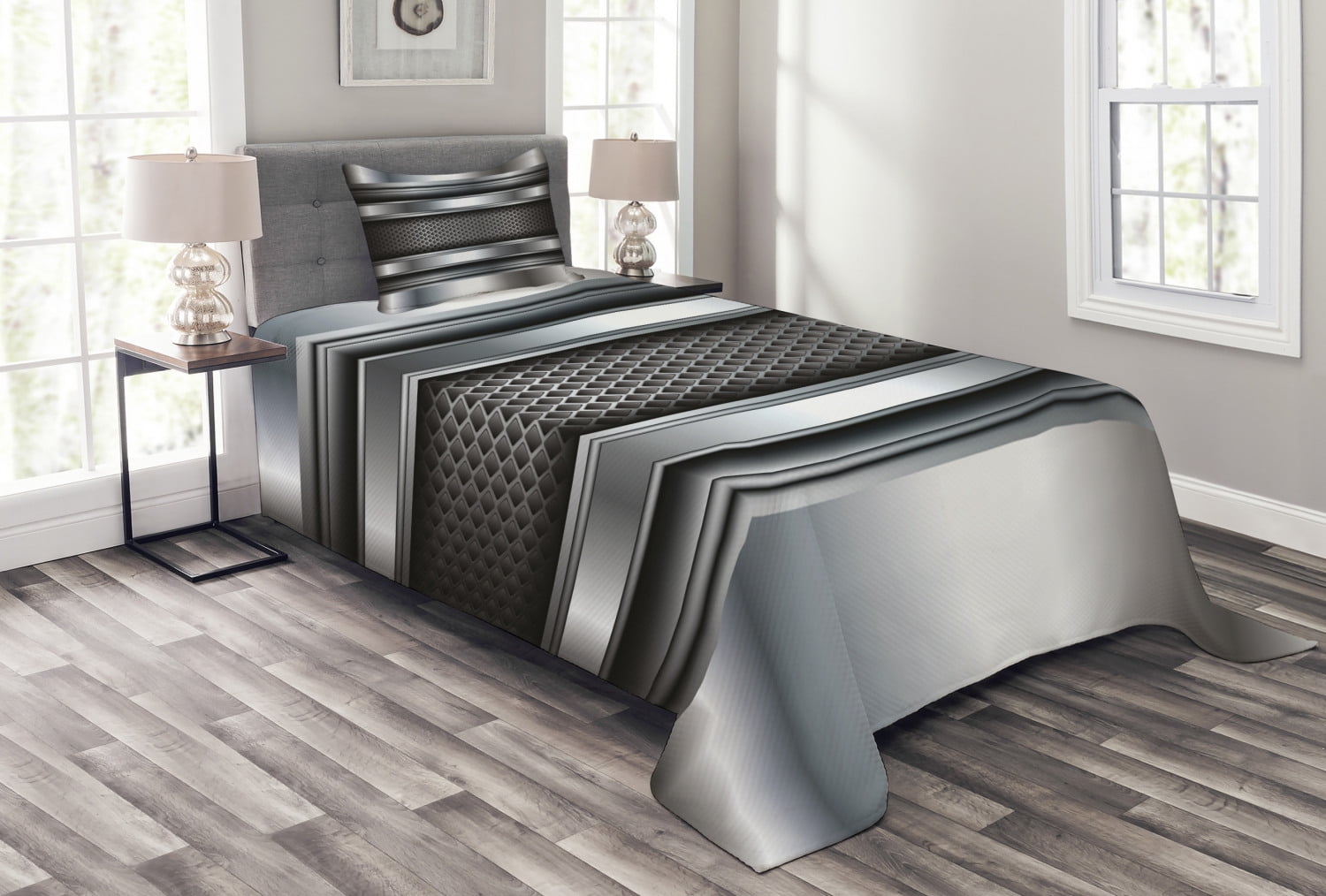 Ambesonne Grey Quilted Bedspread Set 2 Pcs, Realistic Vivid Plates ...
