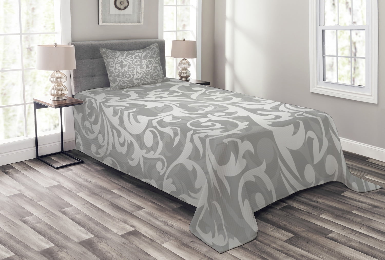 Ambesonne Grey Quilted Bedspread Set 2 Pcs, Victorian Leaf Flowers ...