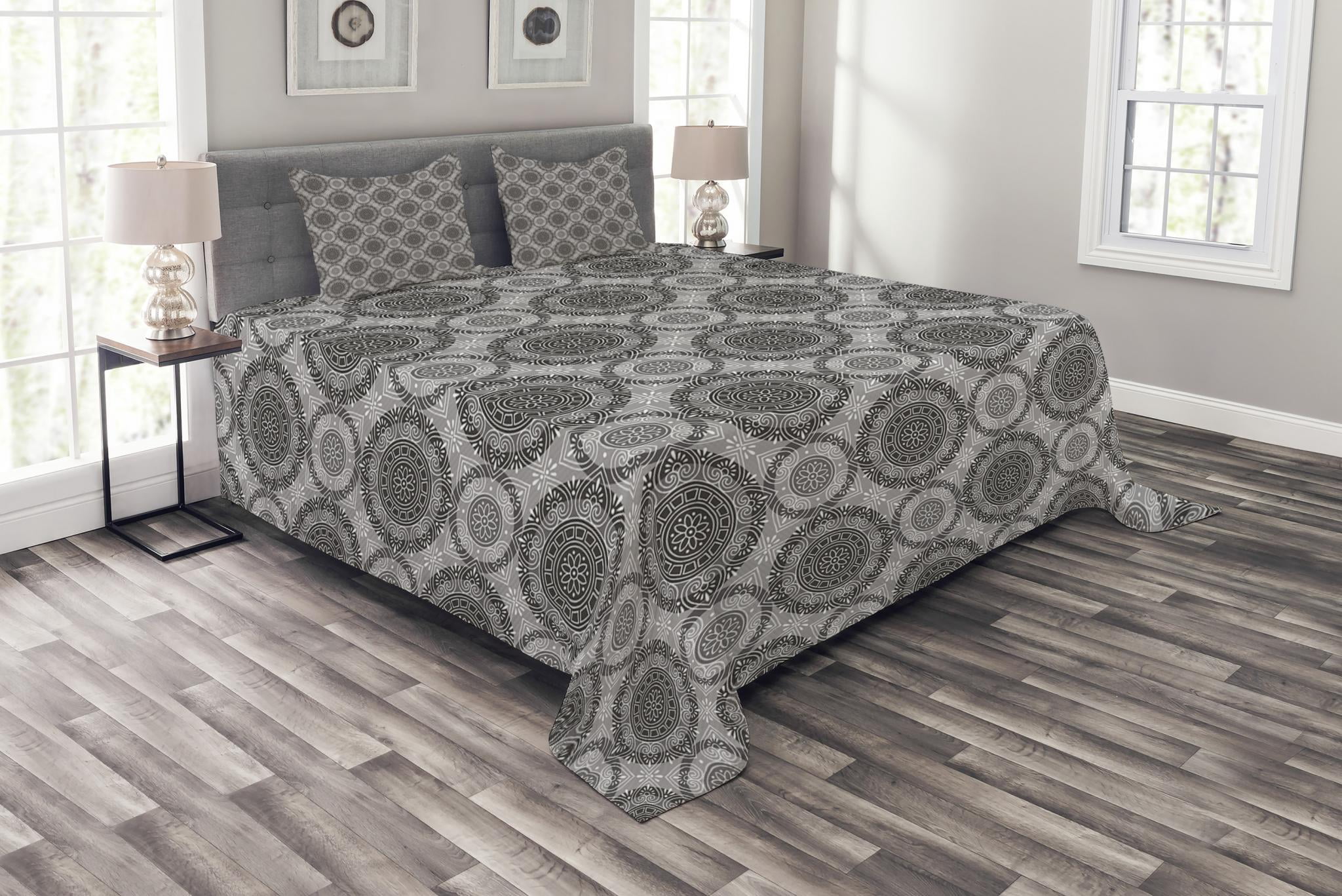 Ambesonne Grey Quilted Bedspread Set 3 Pcs, Abstract Damask Flowers ...