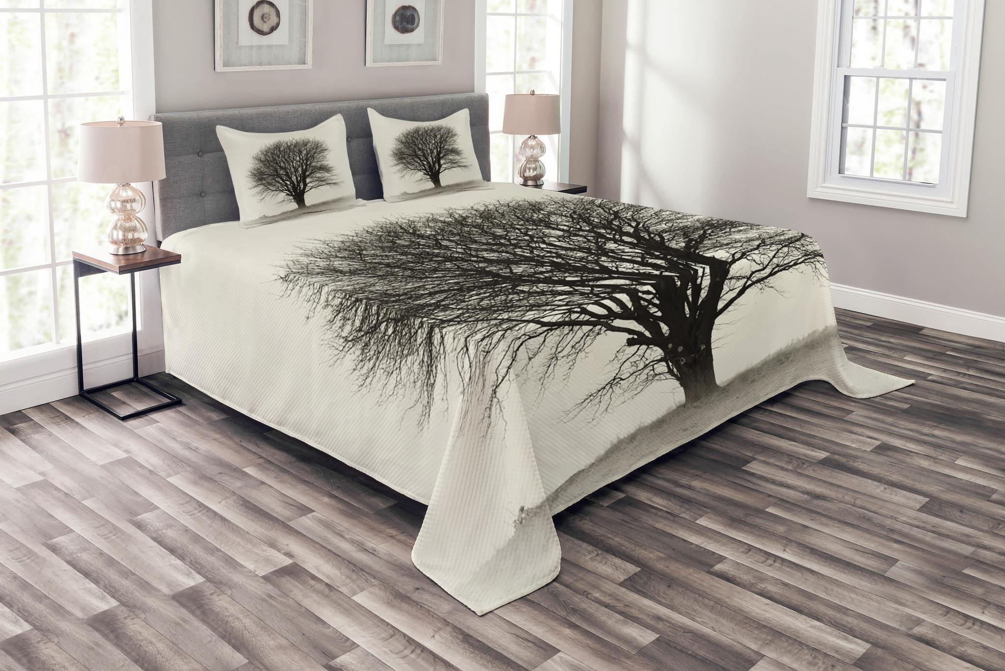 Ambesonne Grey Quilted Bedspread Set 3 Pcs, Fall Tree Monochrome Art ...