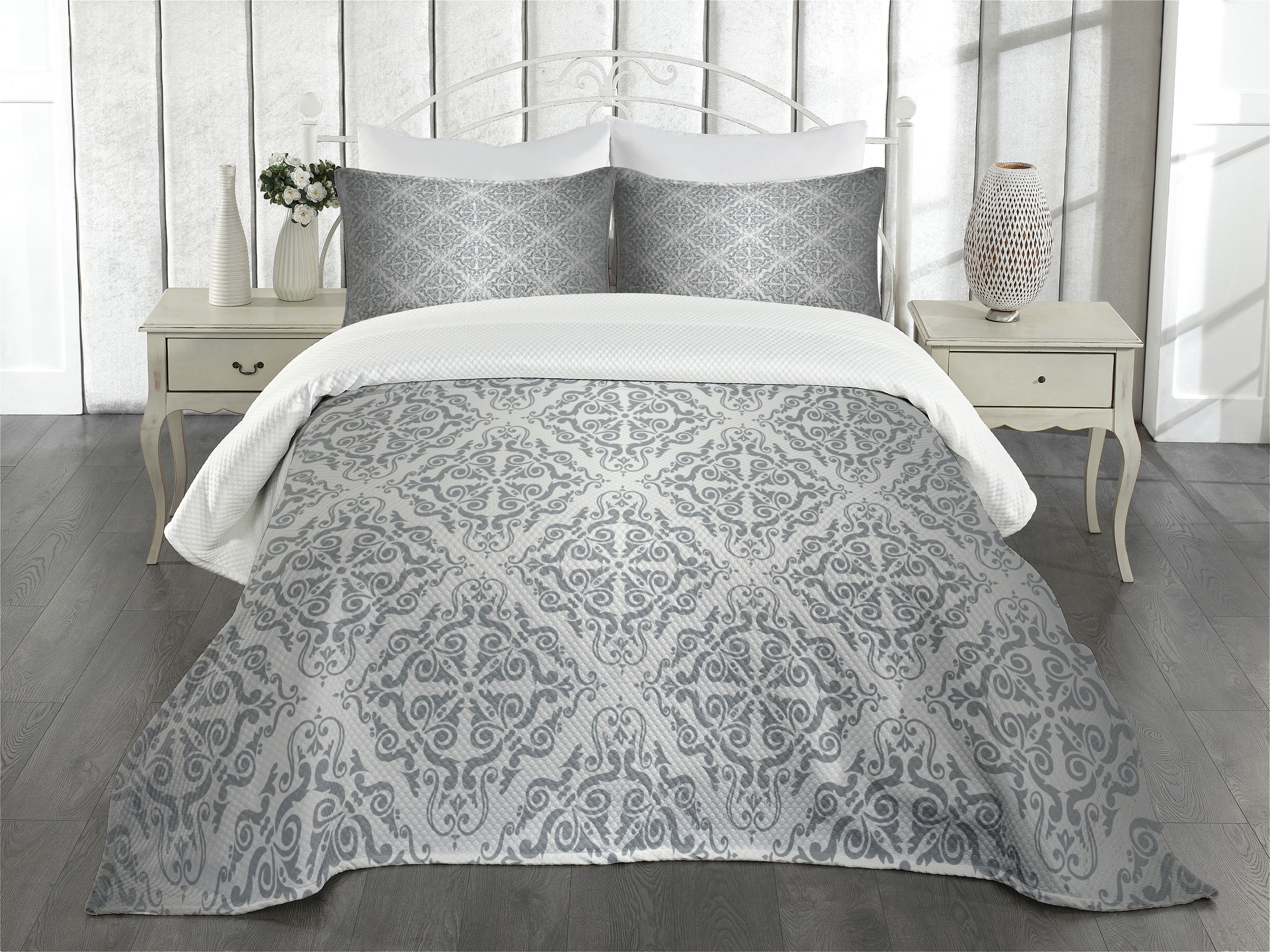 Ambesonne Grey Quilted Bedspread Set 3 Pcs, Monochrome Victorian, Queen ...