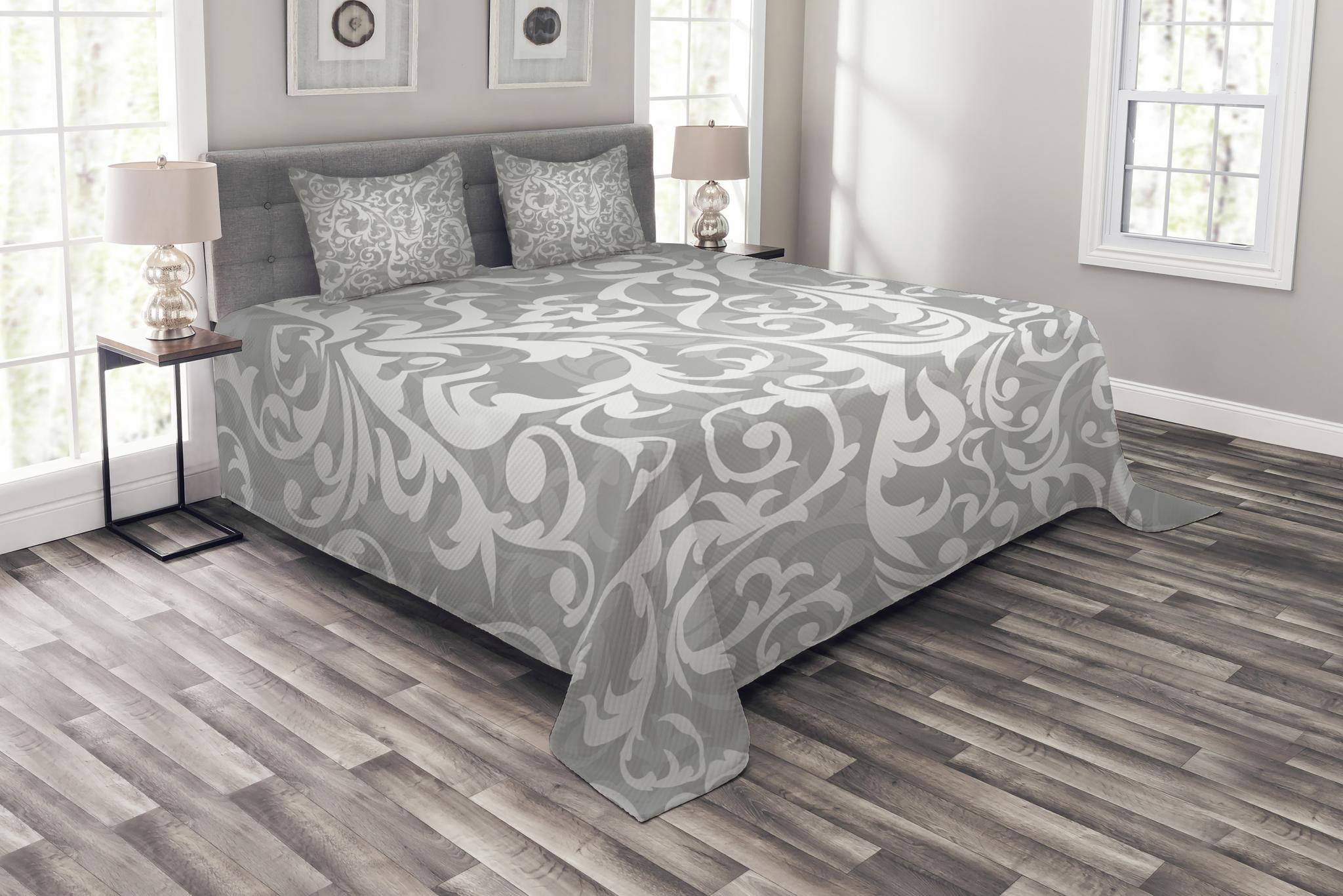 Ambesonne Grey Quilted Bedspread Set 3 Pcs, Victorian Leaf Flowers ...