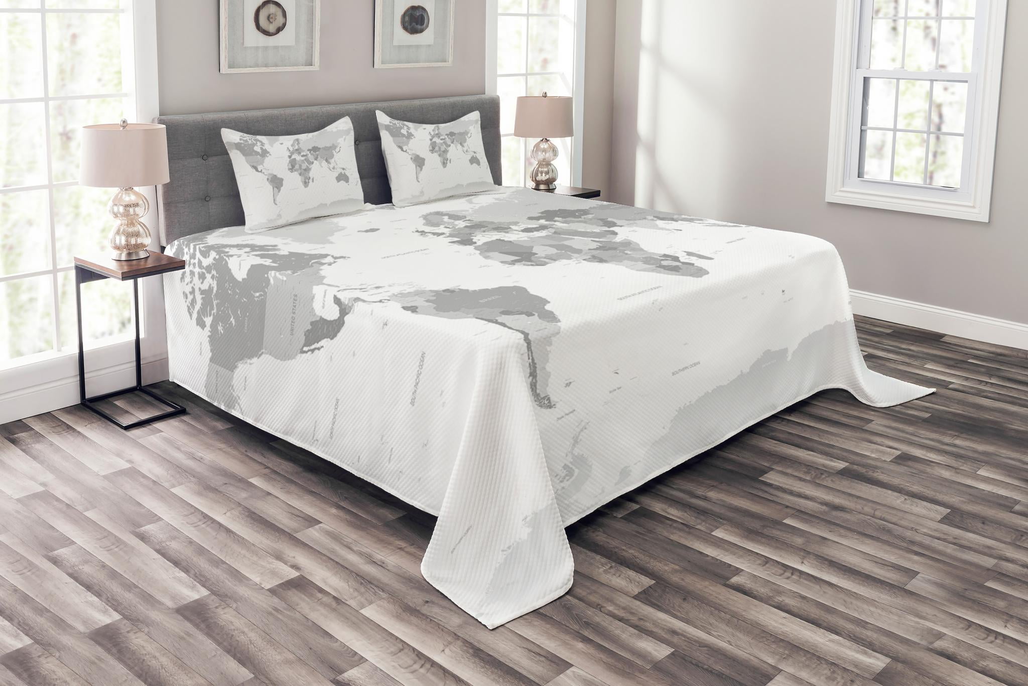 Ambesonne Grey Quilted Bedspread Set 3 Pcs, World Map Continents Earth ...