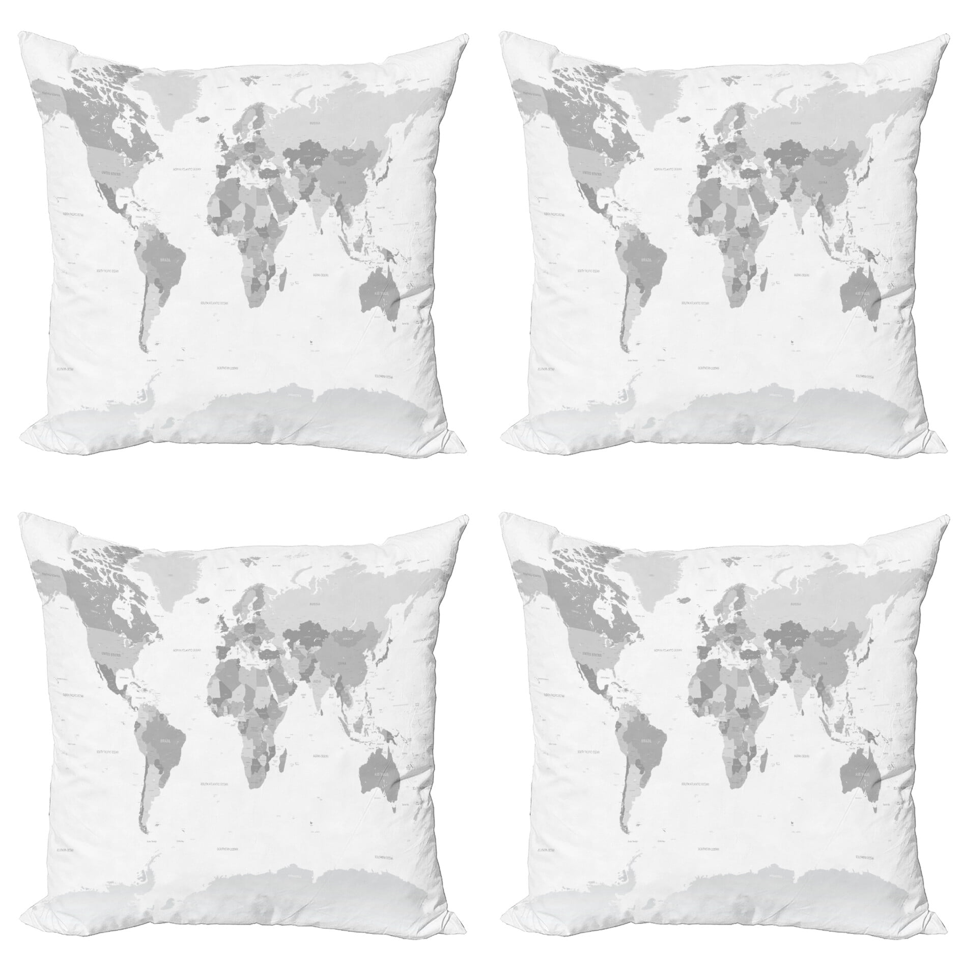 Ambesonne Grey Throw Pillow Cover 4 Pack, World Map Continents Earth ...