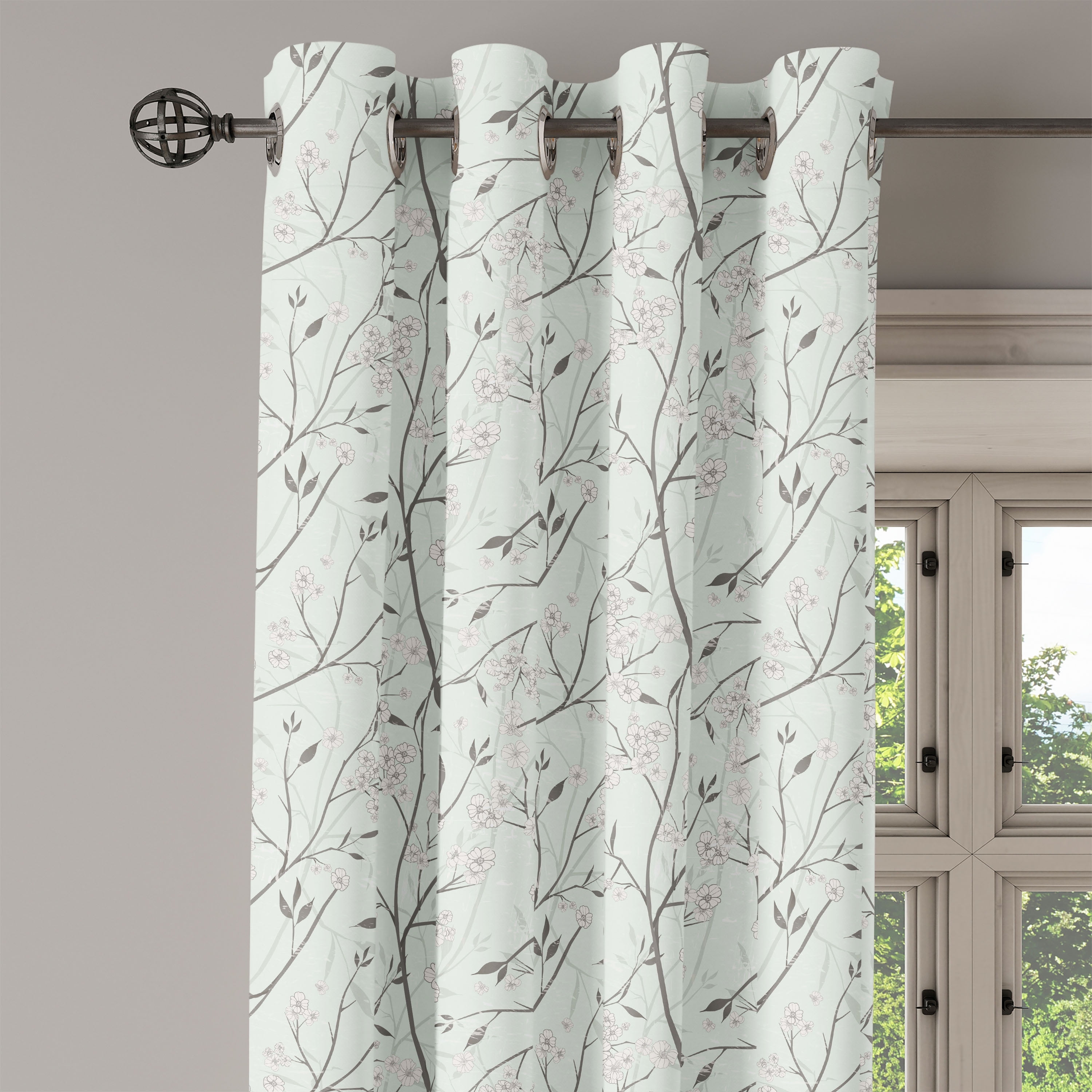 Ambesonne Grey and Mint Grommet Curtain Single Panel, Rustic White Buds ...