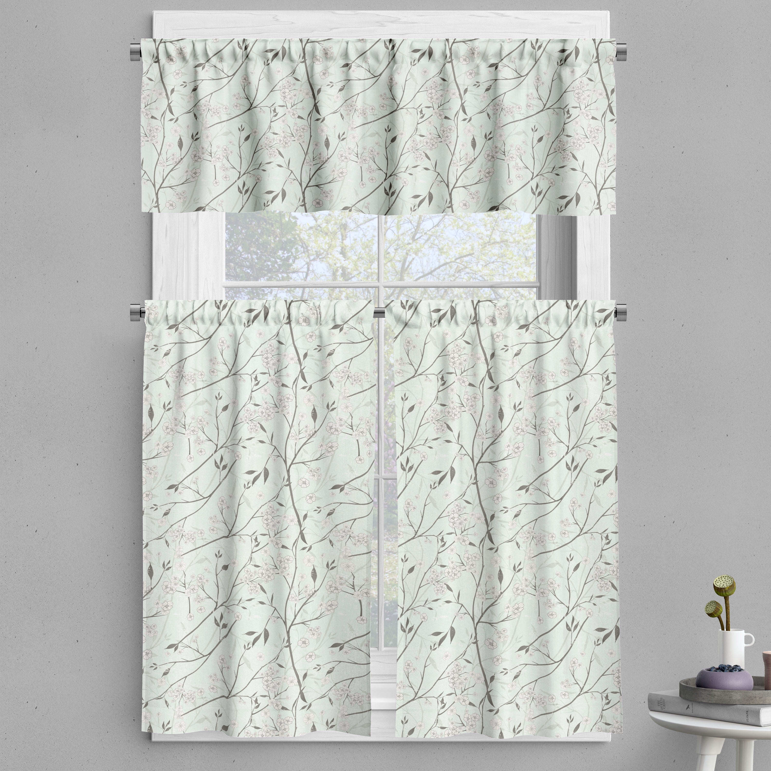 Ambesonne Grey and Mint Valance & Curtain, Rustic White Buds, 55"x24 ...